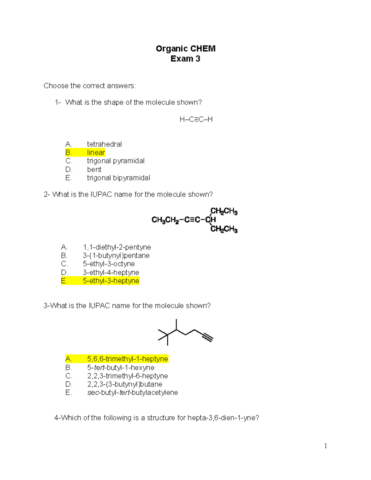 Organic Chemistry I Exam 3 - Organic CHEM Exam 3 Choose the correct ...