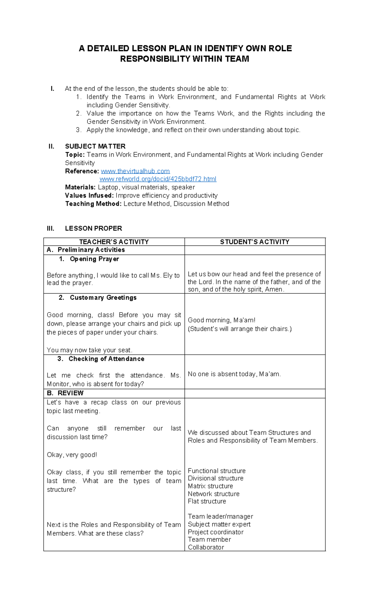 Dlp in IA - NONE - A DETAILED LESSON PLAN IN IDENTIFY OWN ROLE ...