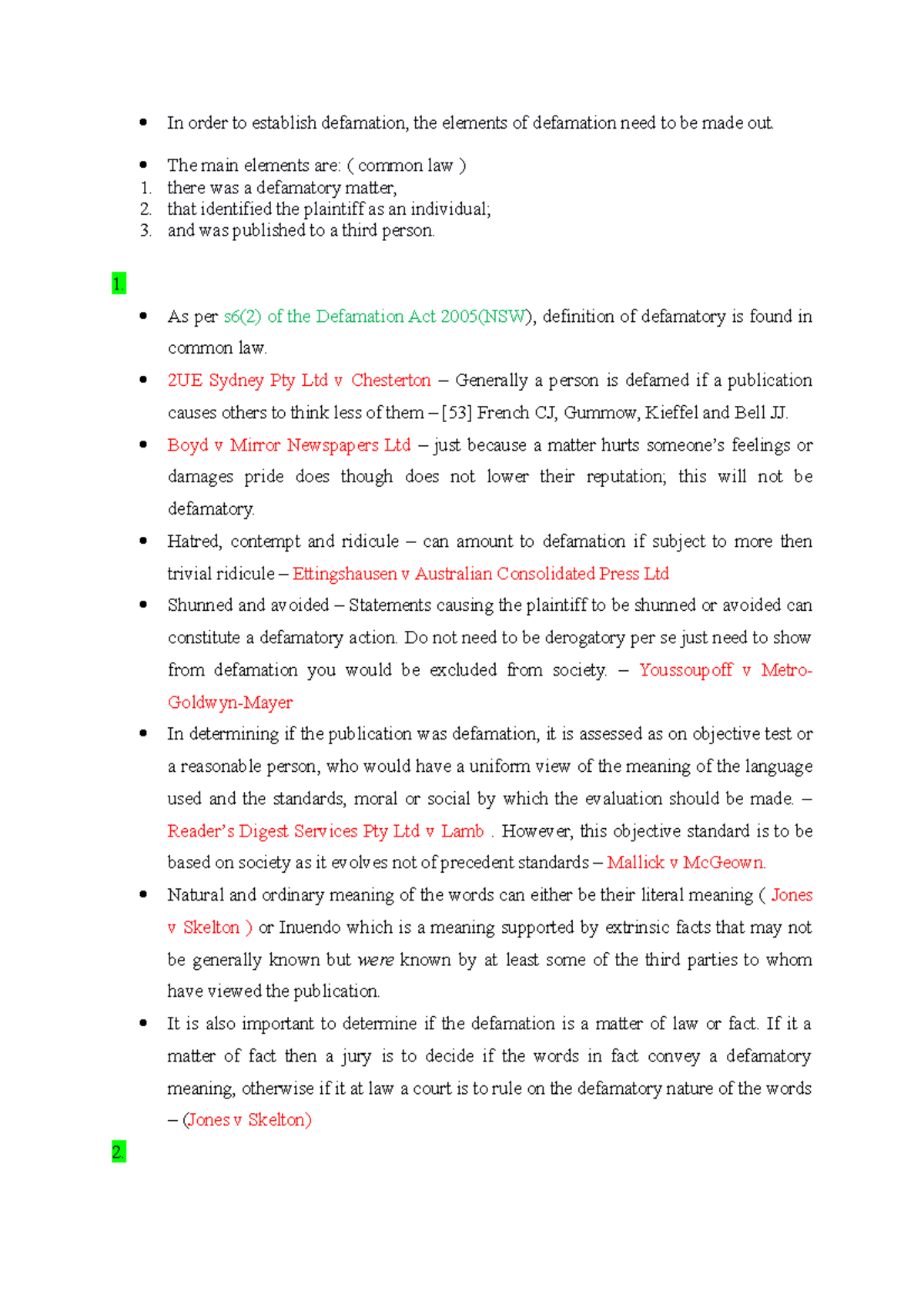 Torts 131 - defamation notes - In order to establish defamation, the ...