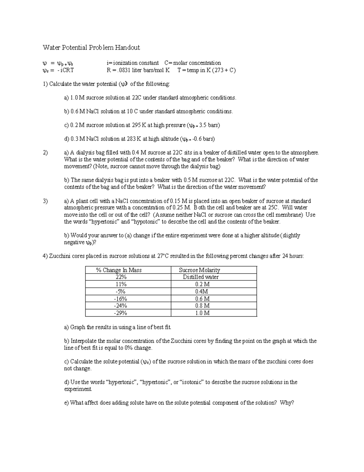 Water Potential Problem Handout - Water Potential Problem Handout p + s ...