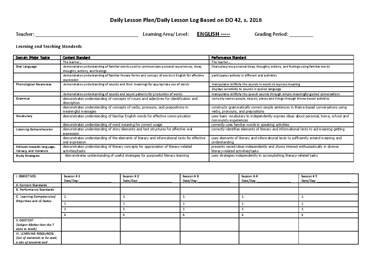 Daily Lesson Plan S, G1-G10 - Daily Lesson Plan/Daily Lesson Log Based ...