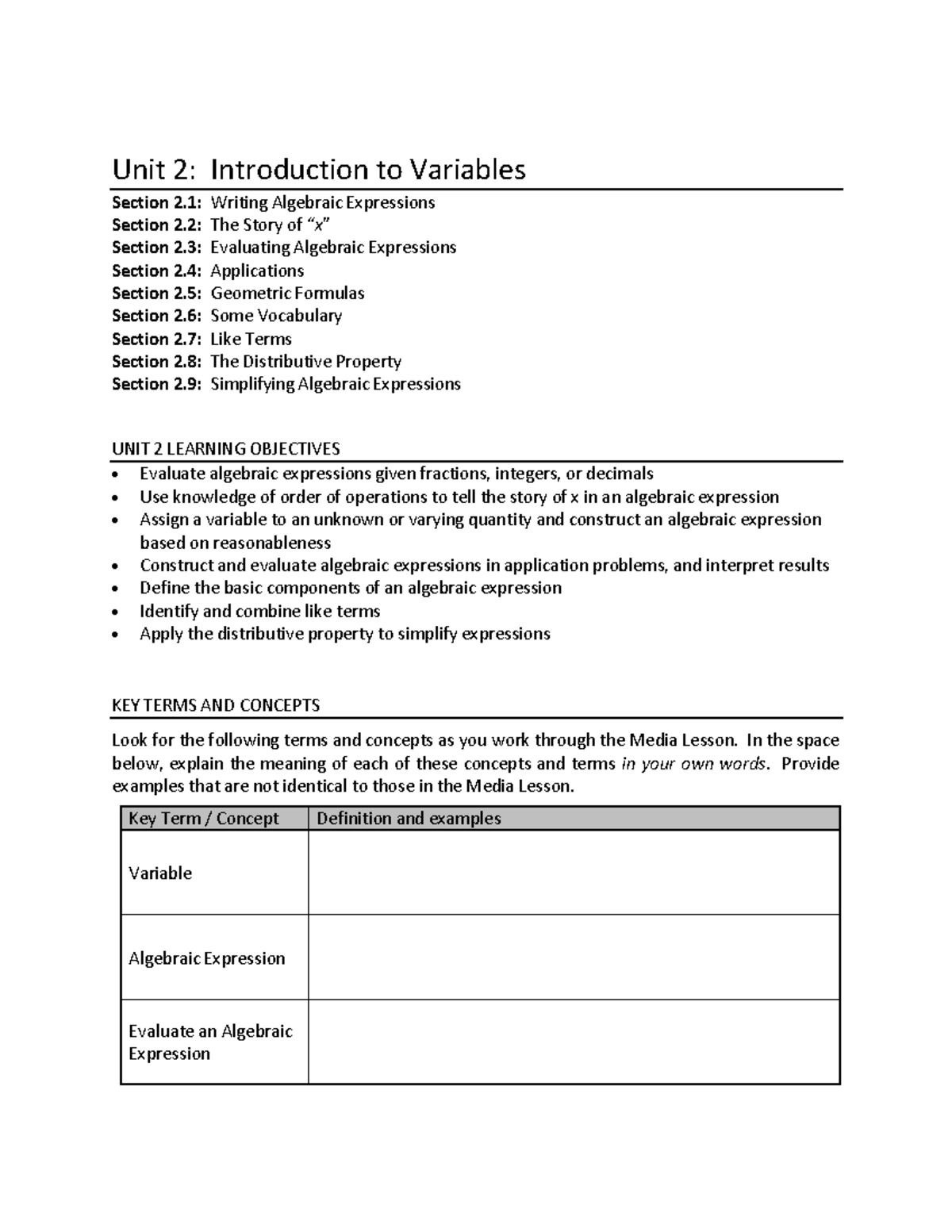 MAT114Workbook Foundations 1 UNIT2 - Unit 2: Introduction to Variables ...