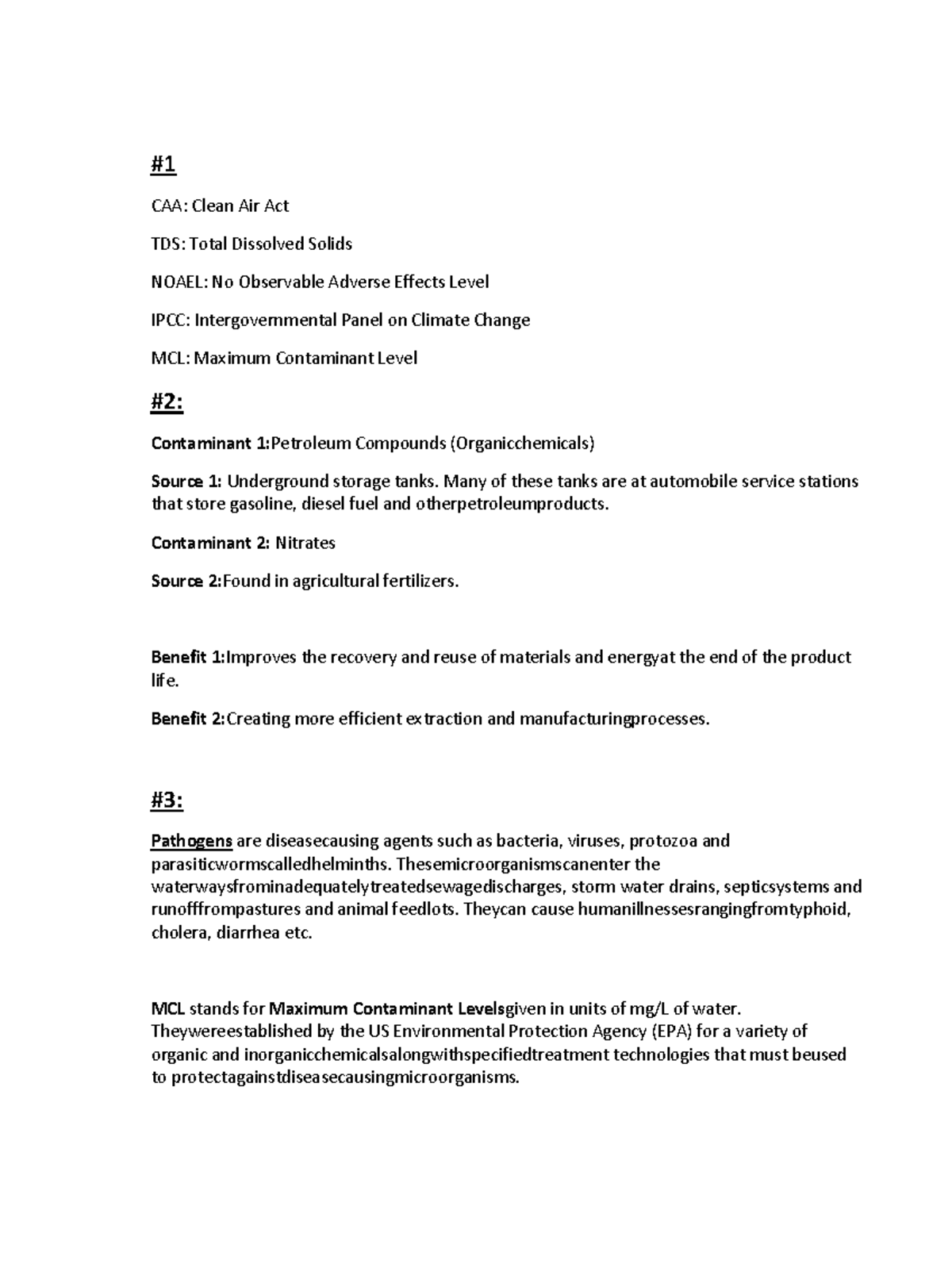 Exam 4, questions - #1 CAA: Clean Air Act TDS: Total Dissolved Solids ...