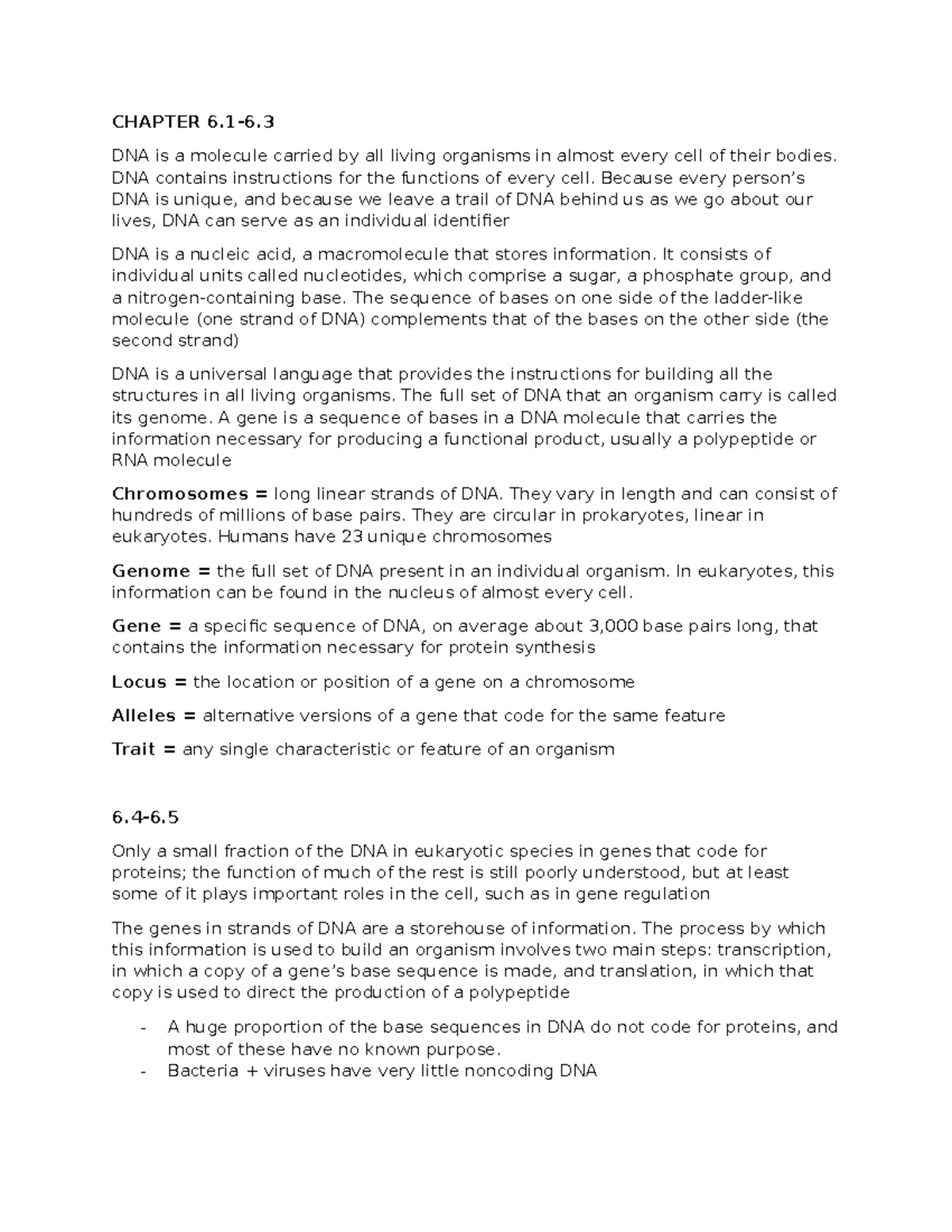 Bio Chapter 6 Notes - Introduction to DNA and RNA - CHAPTER 6-6. DNA is ...