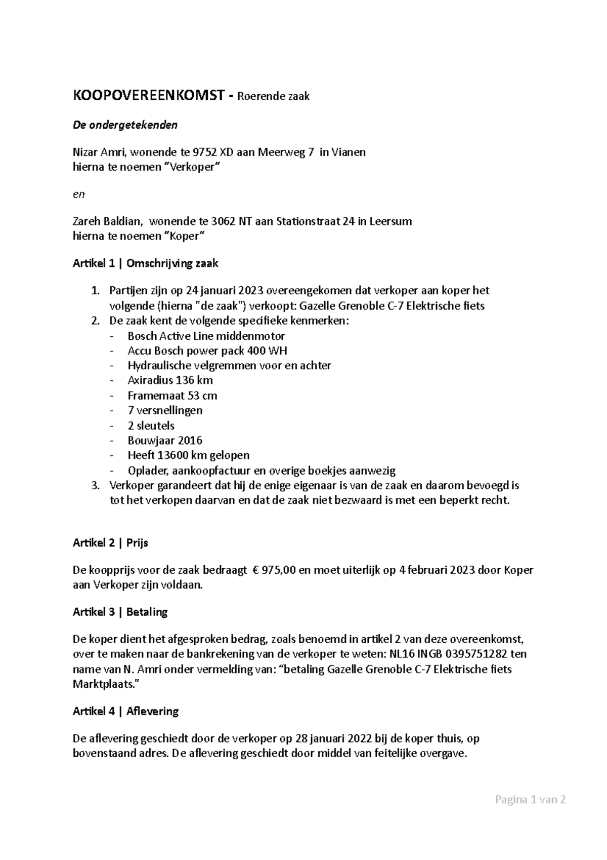 Koopovereenkomst privaatrecht - KOOPOVEREENKOMST - Roerende zaak De ...