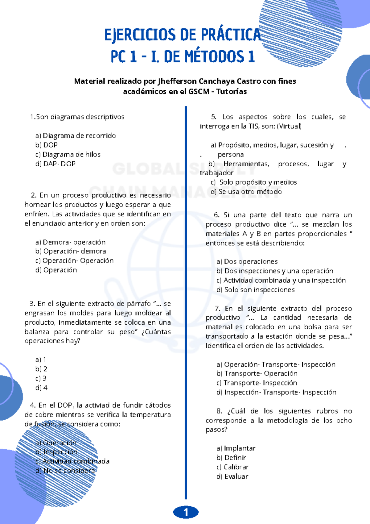 Taller PC1 I - EJERCICIOS DE PRÁCTICA PC 1 - I. DE MÉTODOS 1 1. Son diagramas descriptivos a ...