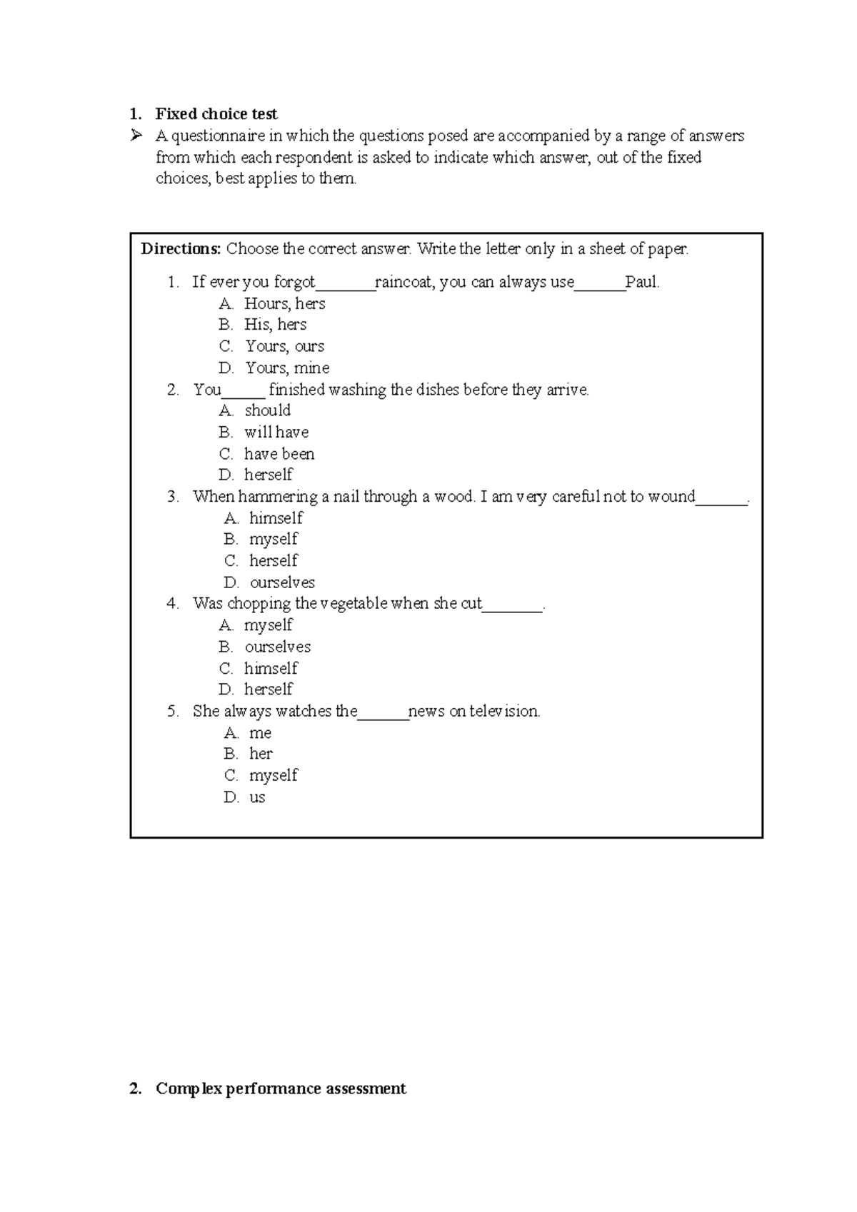 Doc1 - 21 years old - Fixed choice test A questionnaire in which the ...