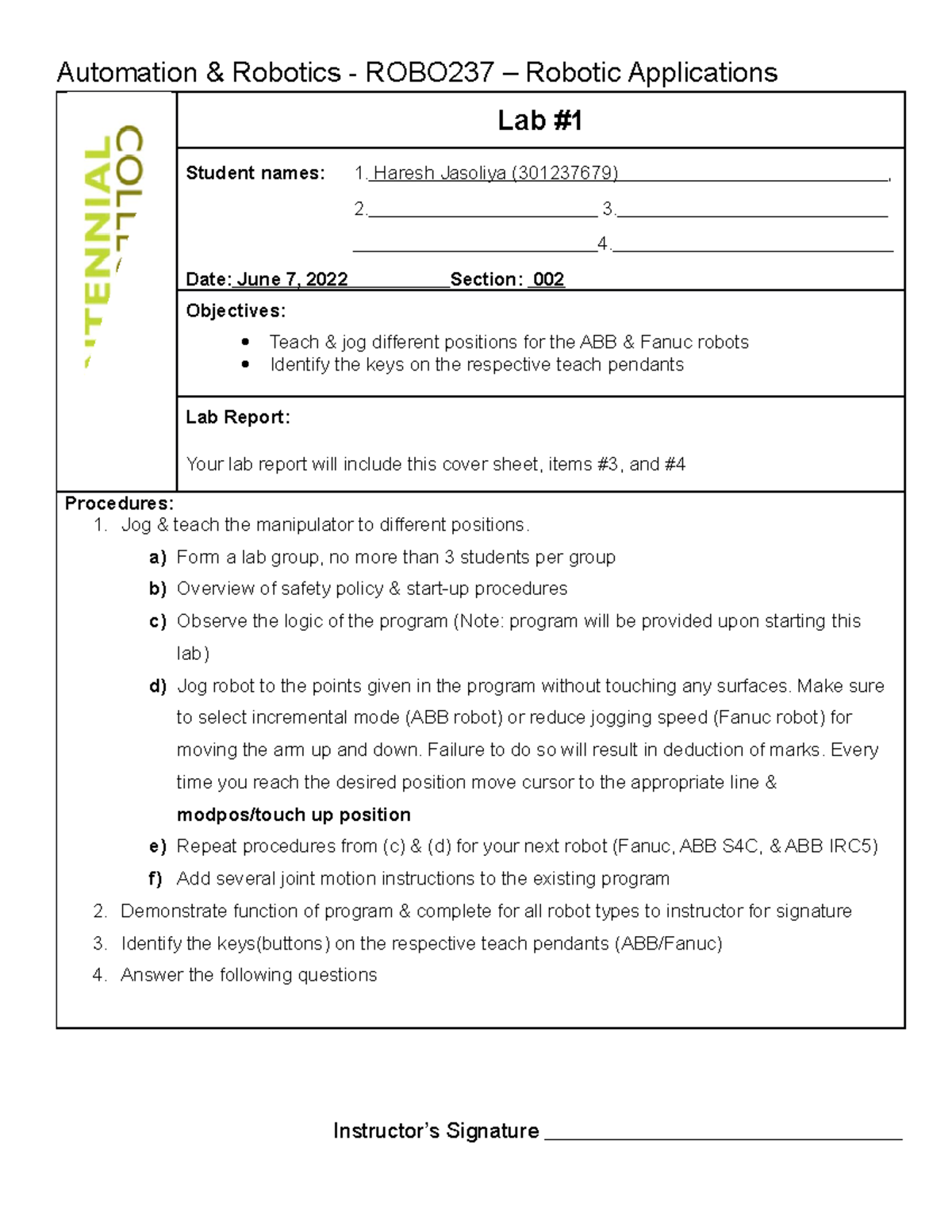 ROBO237-Lab1 - Automation & Robotics - ROBO237 – Robotic Applications ...
