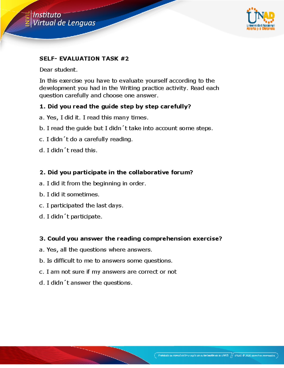 Appendix 1 - Self-evaluation Task 2 - SELF- EVALUATION TASK Dear ...