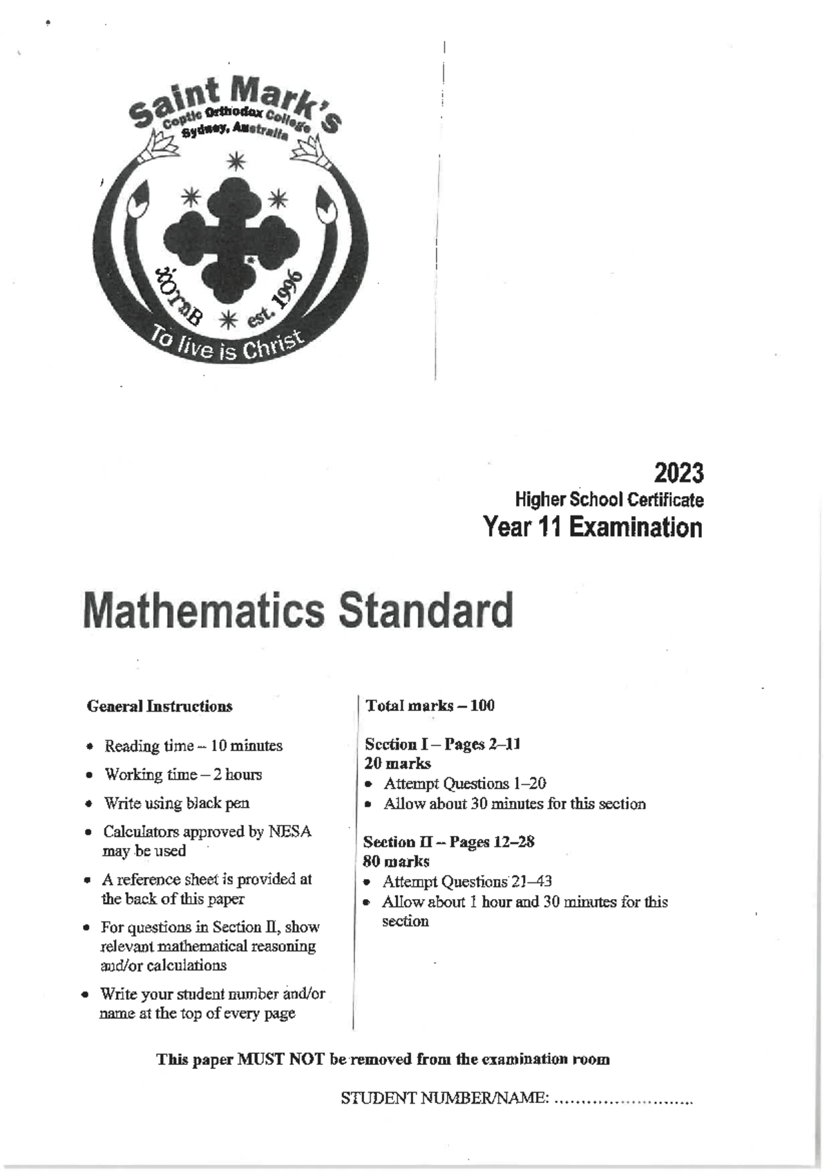 2023 Yr 11 Mathematics Standard Prelim Exam - Saint Coptic Orthodox ...