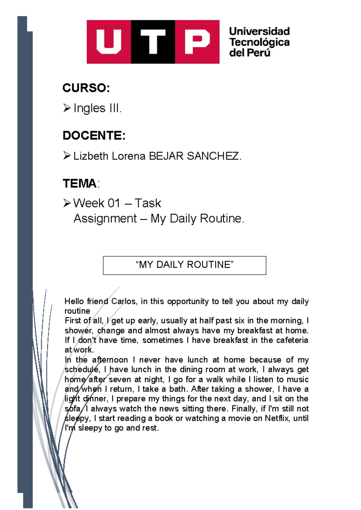 Week 1 Task Assignment My Daily Routine Curso Ingles Iii Docente Lizbeth Lorena Bejar 