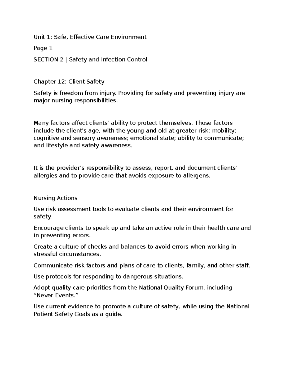 Ati ch 12 - ngfkjdslfm - Unit 1: Safe, Effective Care Environment Page ...