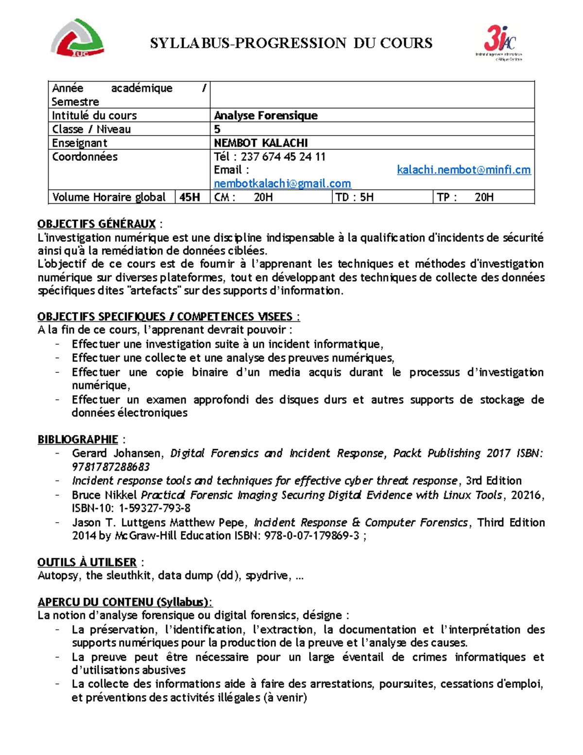 Syllabus Analyse Forensique 2023-2024 - SYLLABUS-PROGRESSION DU COURS ...
