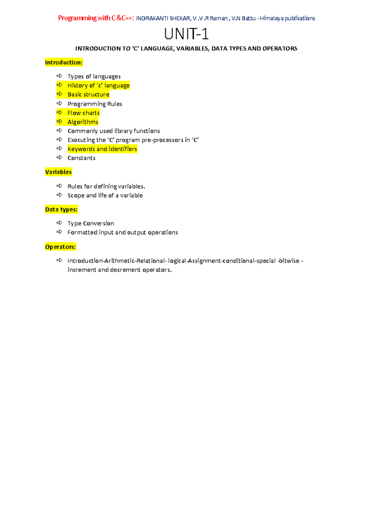 UNIT-1 - notes for programing in c - Programming with C &C++ ...