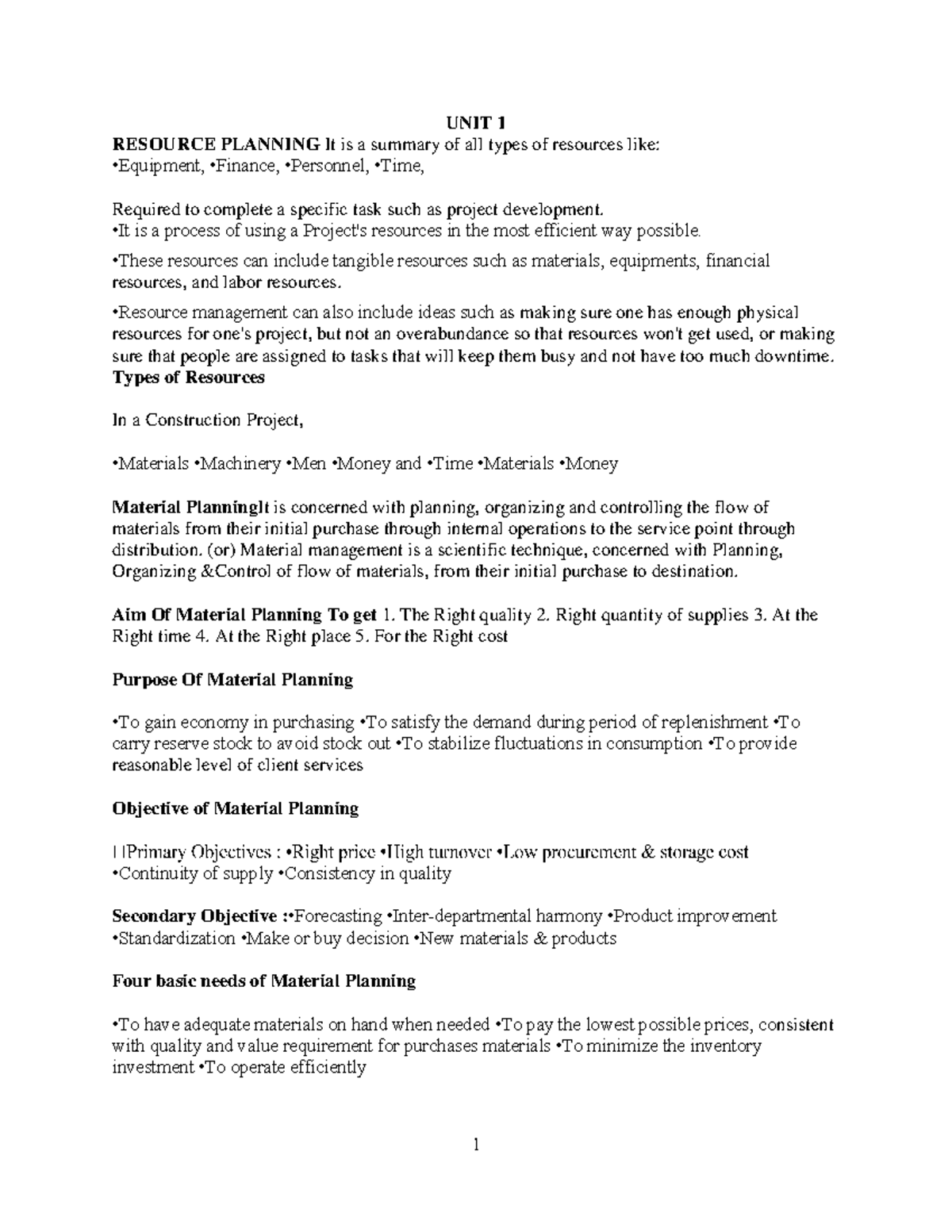 Resource - Notes - UNIT 1 RESOURCE PLANNING It is a summary of all ...
