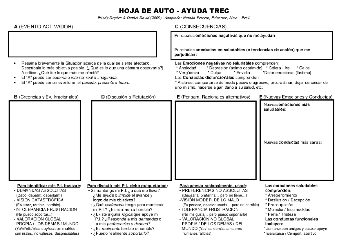 Hoja de autoayuda TREC - HOJA DE AUTO - AYUDA TREC Windy Dryden & Daniel David (2009). Adaptado ...