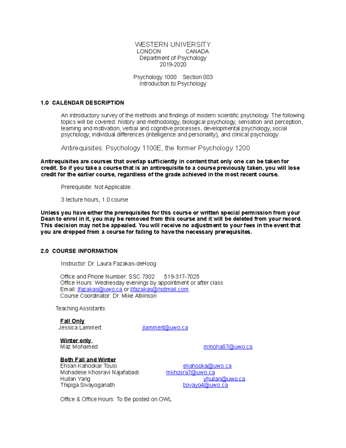 Psychology 1000- 003 Course Outline Edited 2019-2020 doc - WESTERN ...