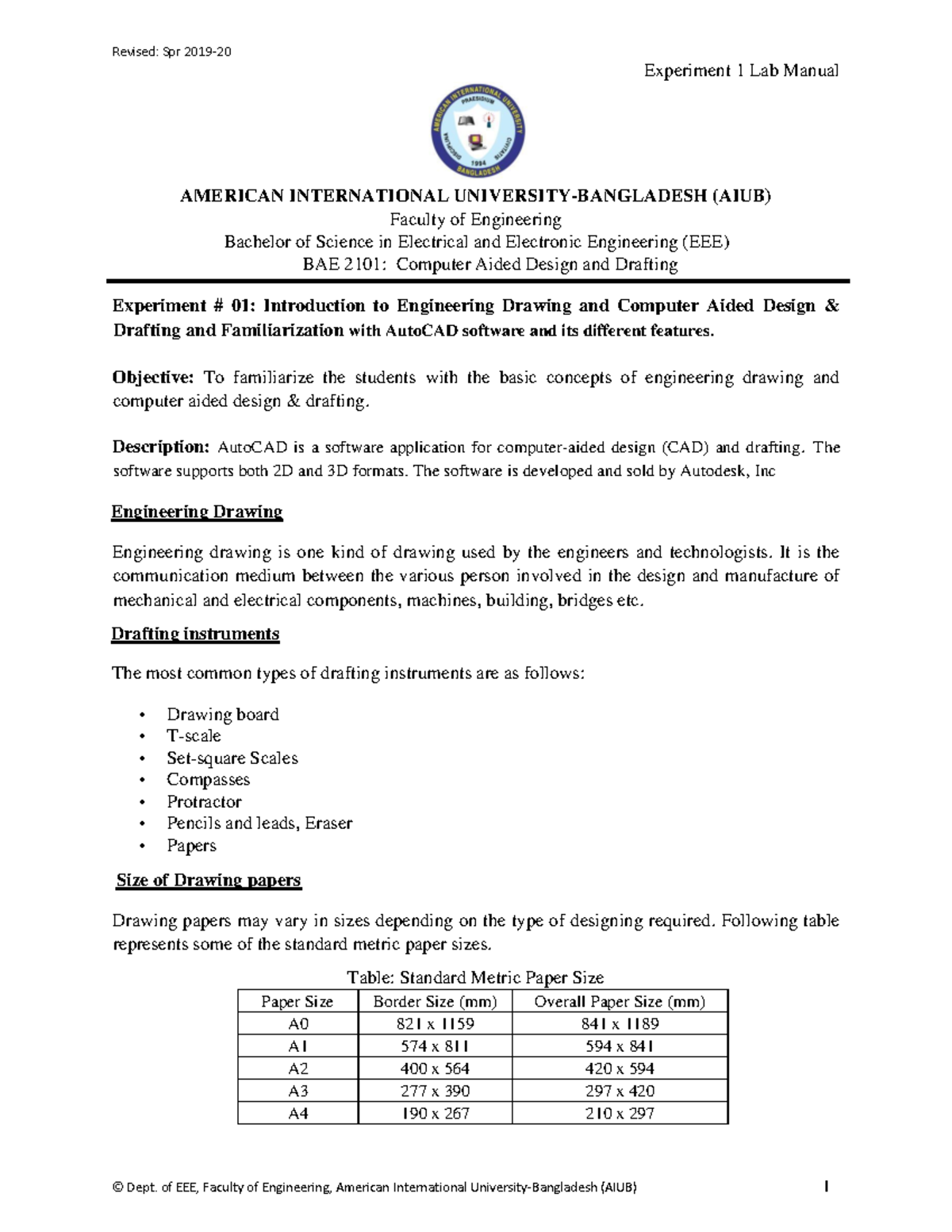 CAD Exp 1 - good wise for u all - Experiment 1 Lab Manual AMERICAN ...