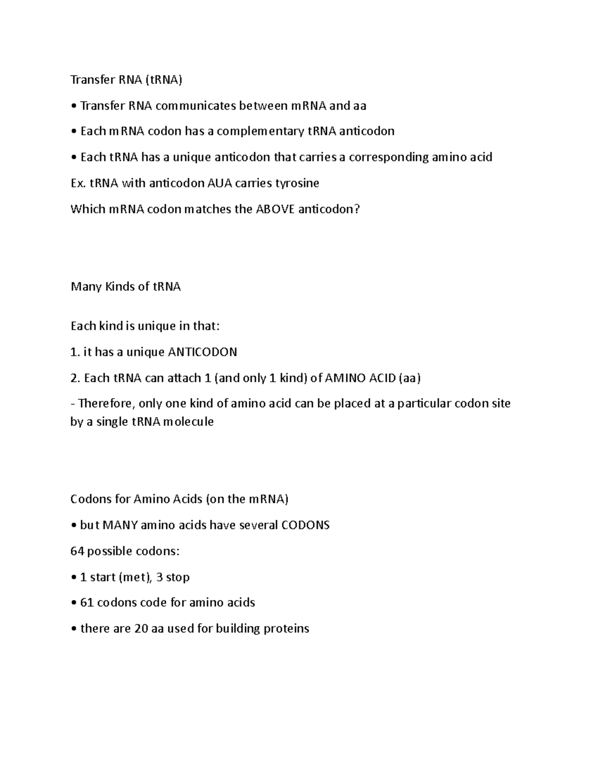 13 - Transfer RNA - Transfer RNA (tRNA) Transfer RNA communicates ...