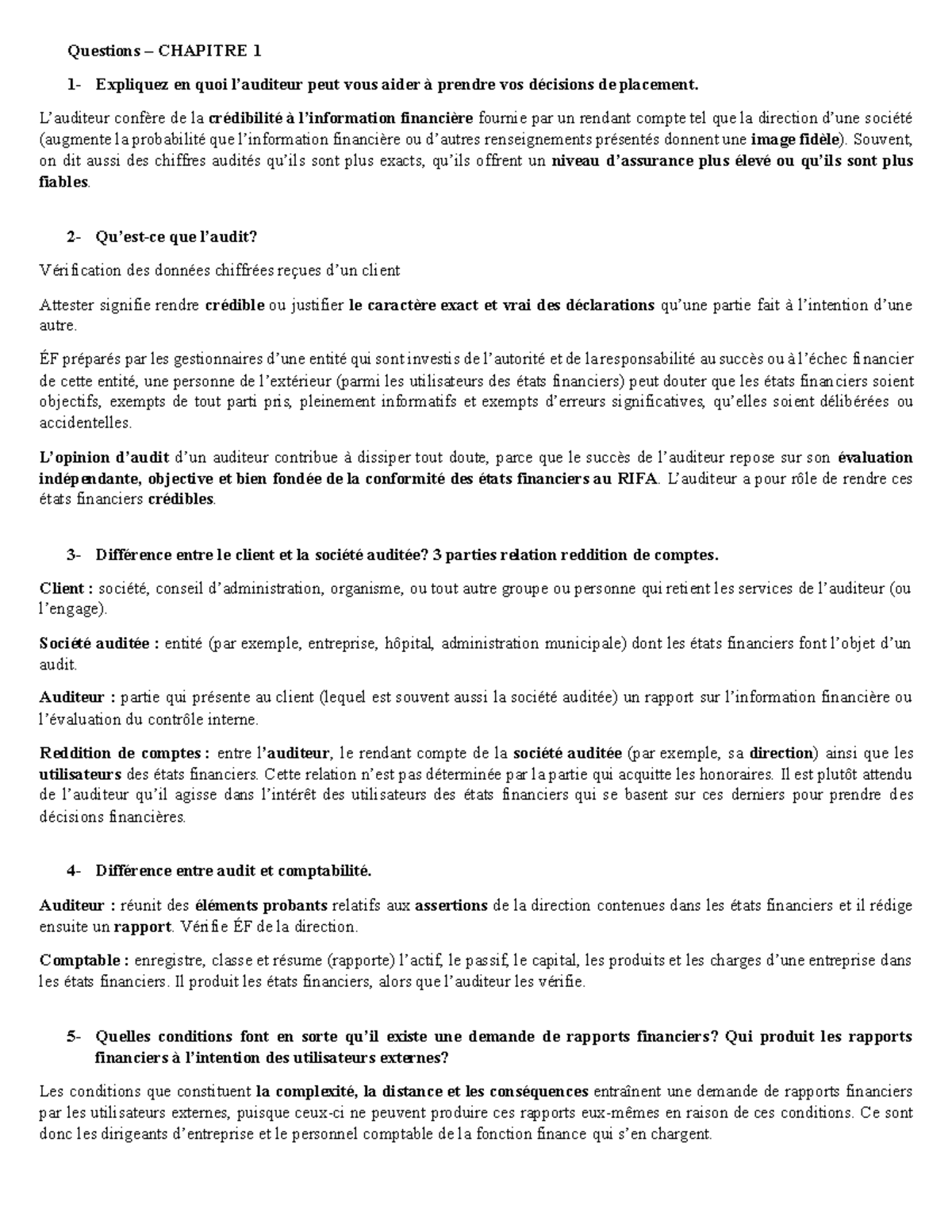 Questions Chapitre 1 - Questions – CHAPITRE 1 1 - Expliquez en quoi l ...
