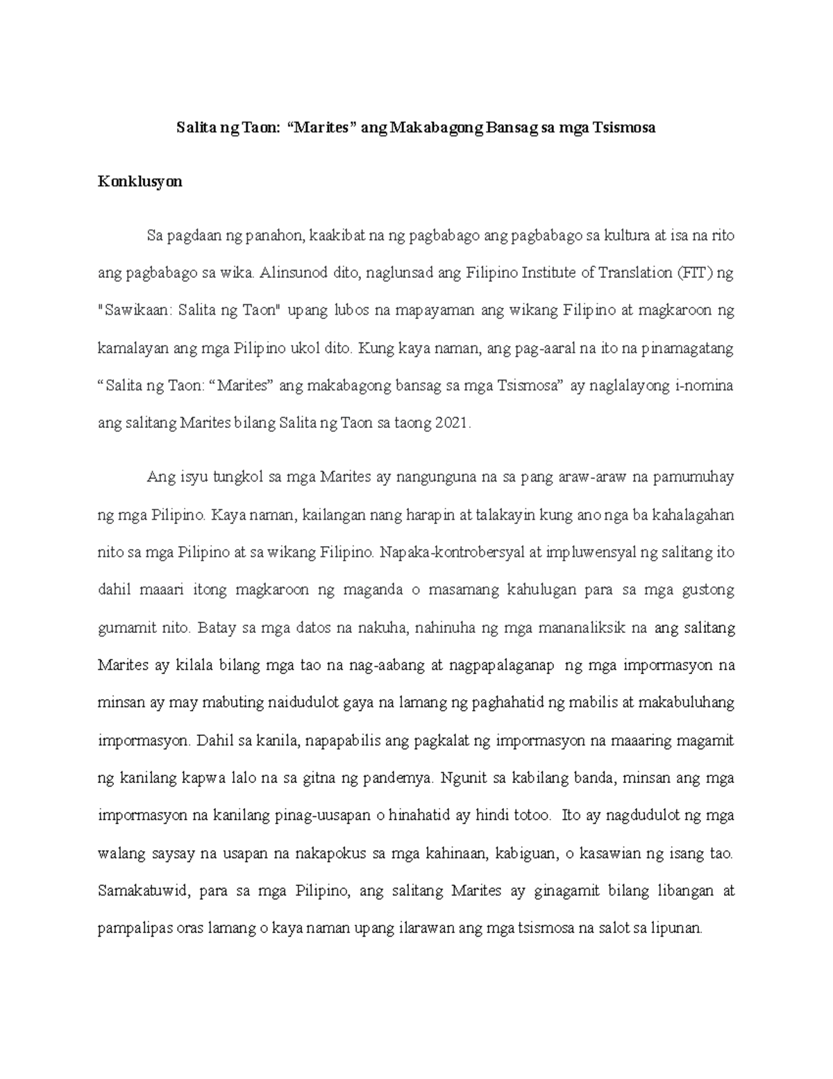 SALITA NG TAON - Konklusyon at Rekomendasyon - Salita ng Taon: “Marites ...