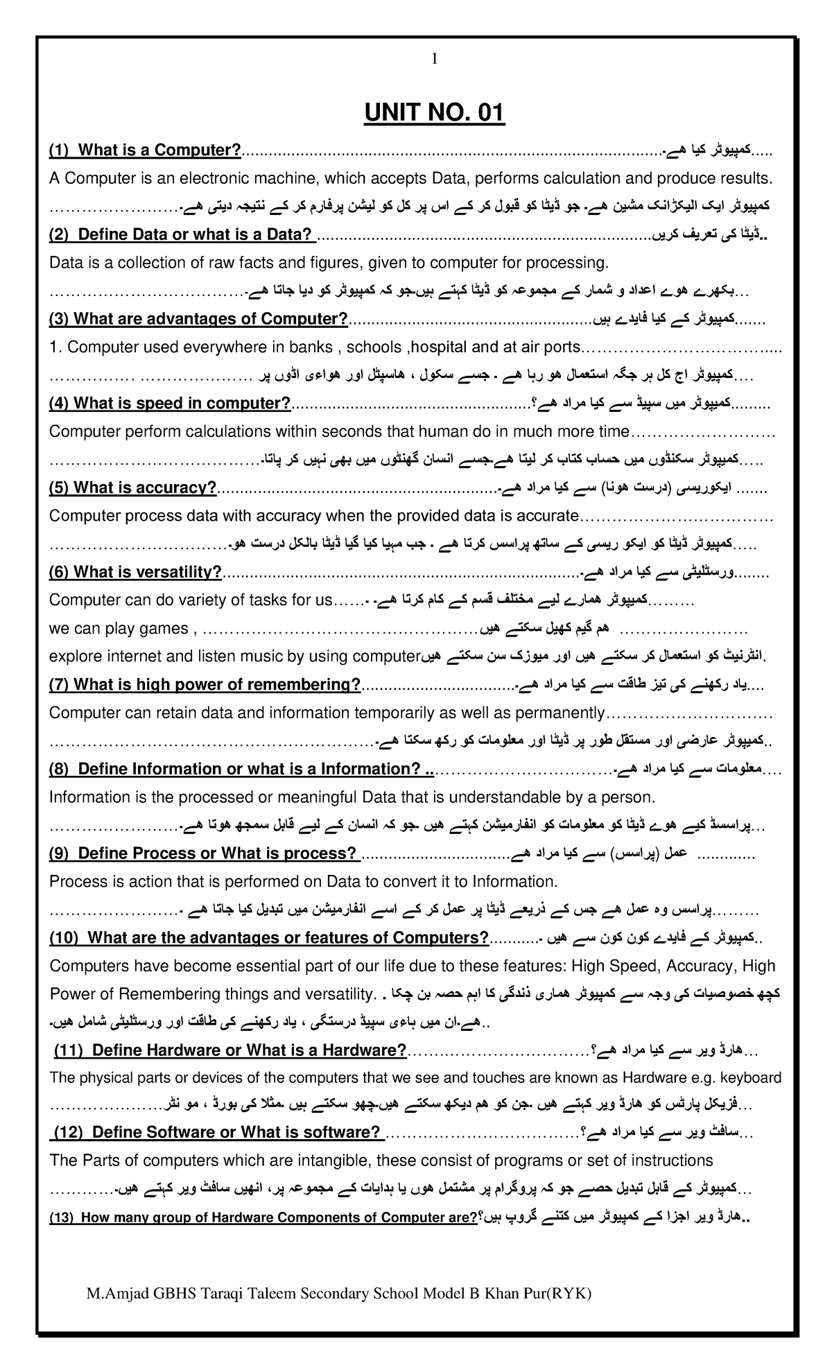 Chapter No 01 6th Class Notes UNIT NO 01 1 What Is A Computer