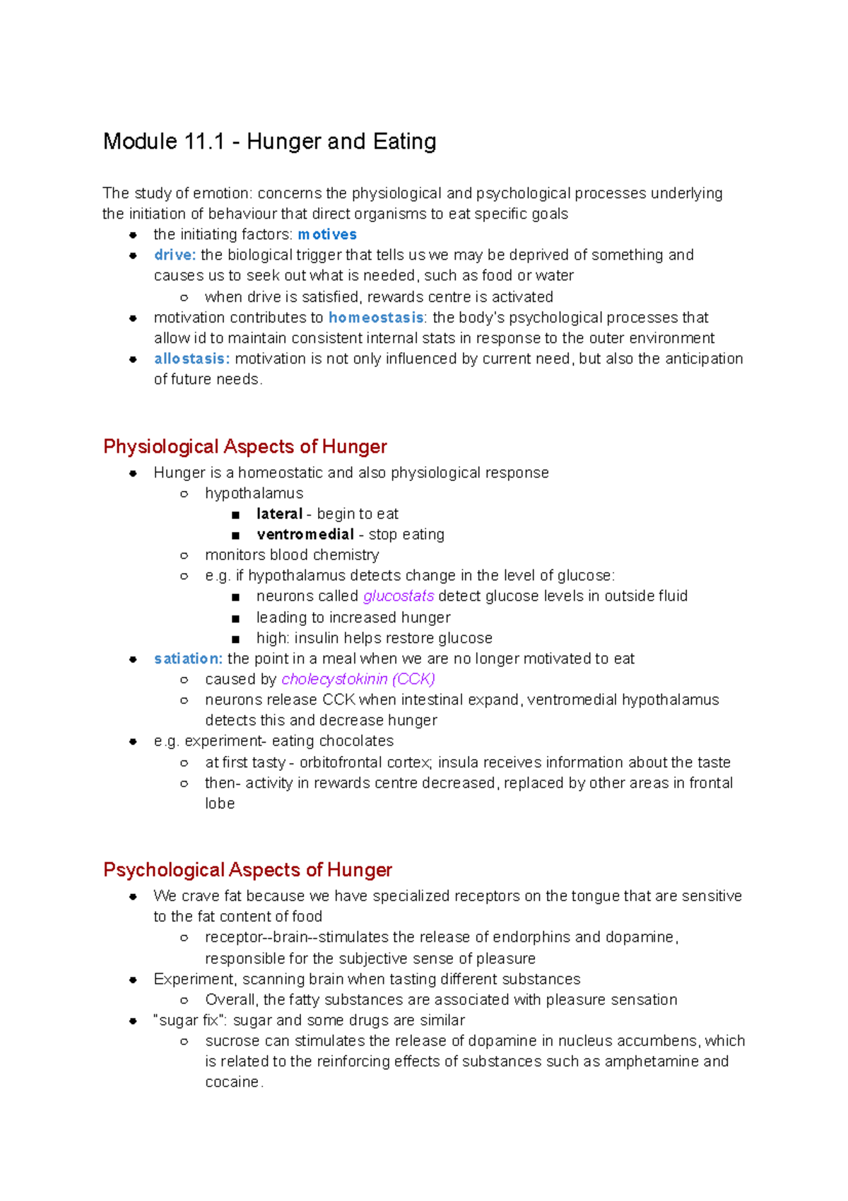 PSY100H1 UTSG Reading Notes Module 11.1 - Hunger and Eating - Module 11 ...