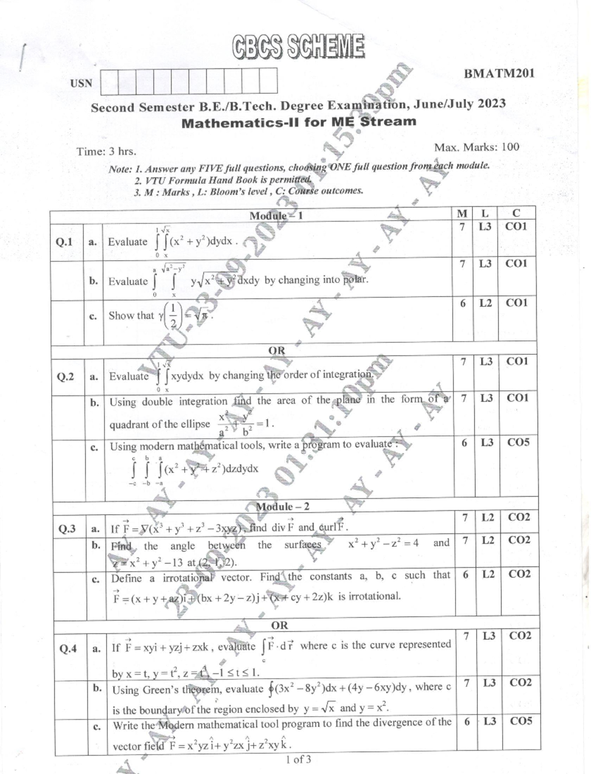BMATM201 JUNE JULY 2023 ME QP - CBCS SCHEME BMATM201 USN Second ...
