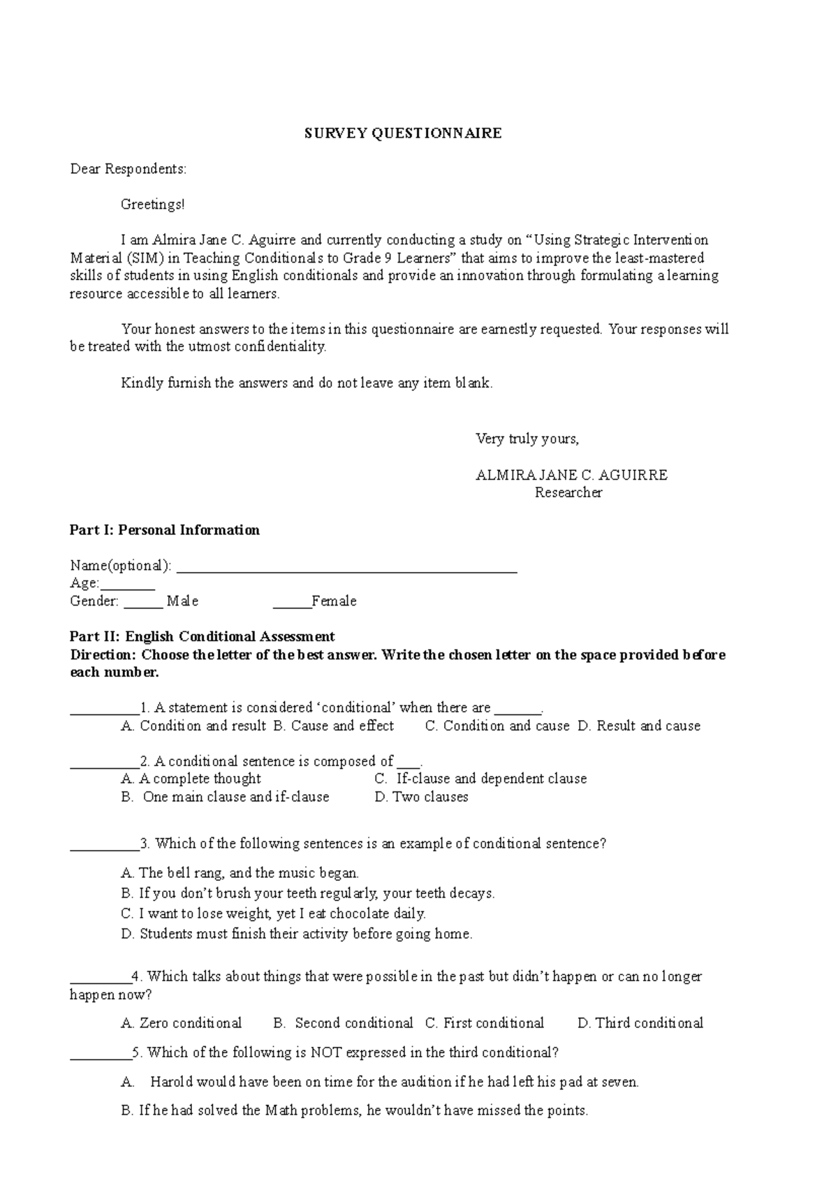 Survey- Questionnaires - SURVEY QUESTIONNAIRE Dear Respondents ...