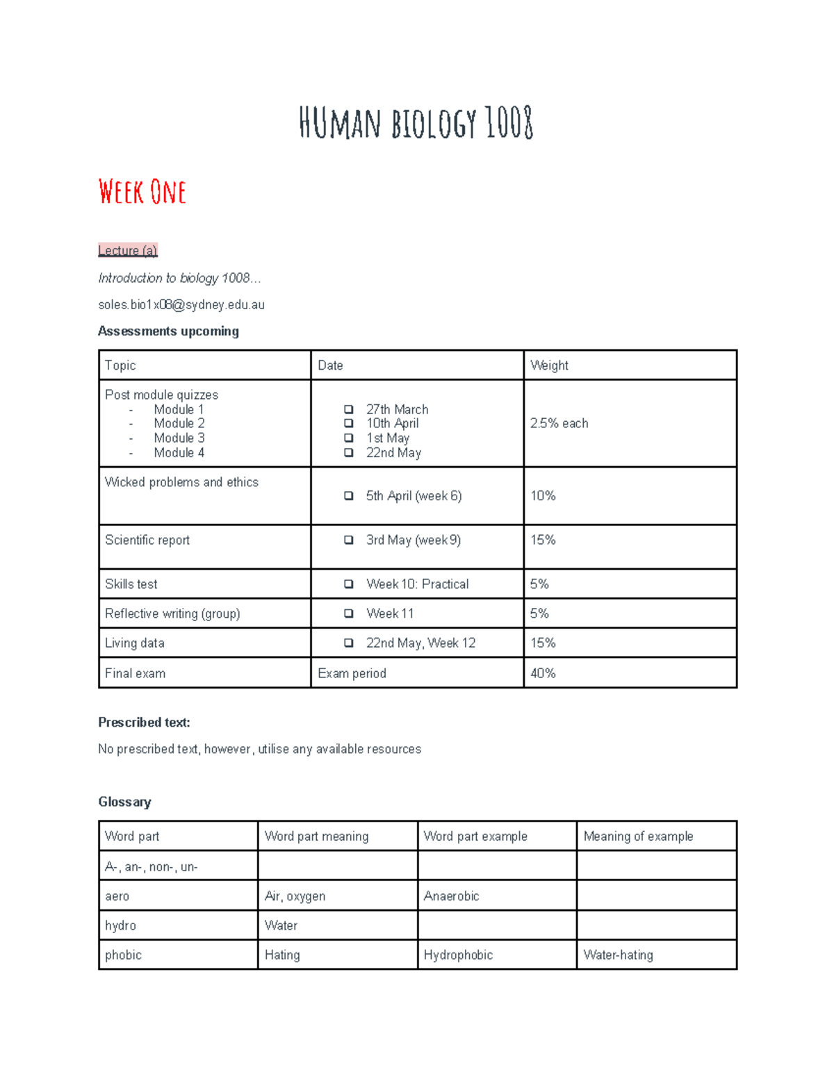 BIO1008 - Lecture notes - HUman biology 1008 Week One Lecture (a ...