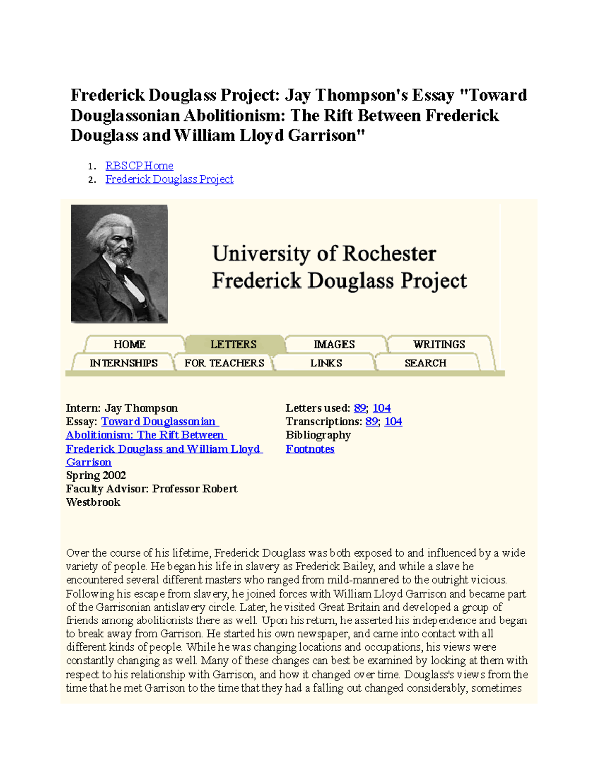 Frederick Douglass Project - He began his life in slavery as Frederick ...