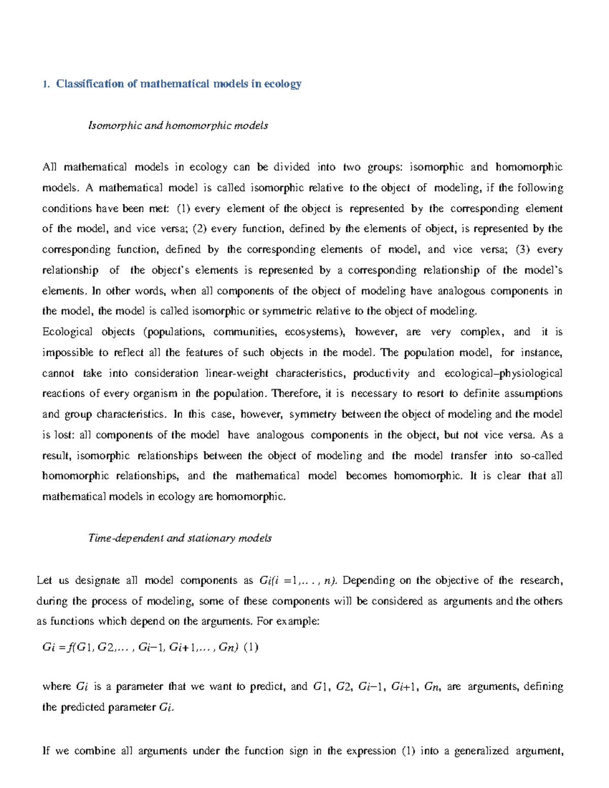 Classification Of Mathematical Models In Ecology Classification Of