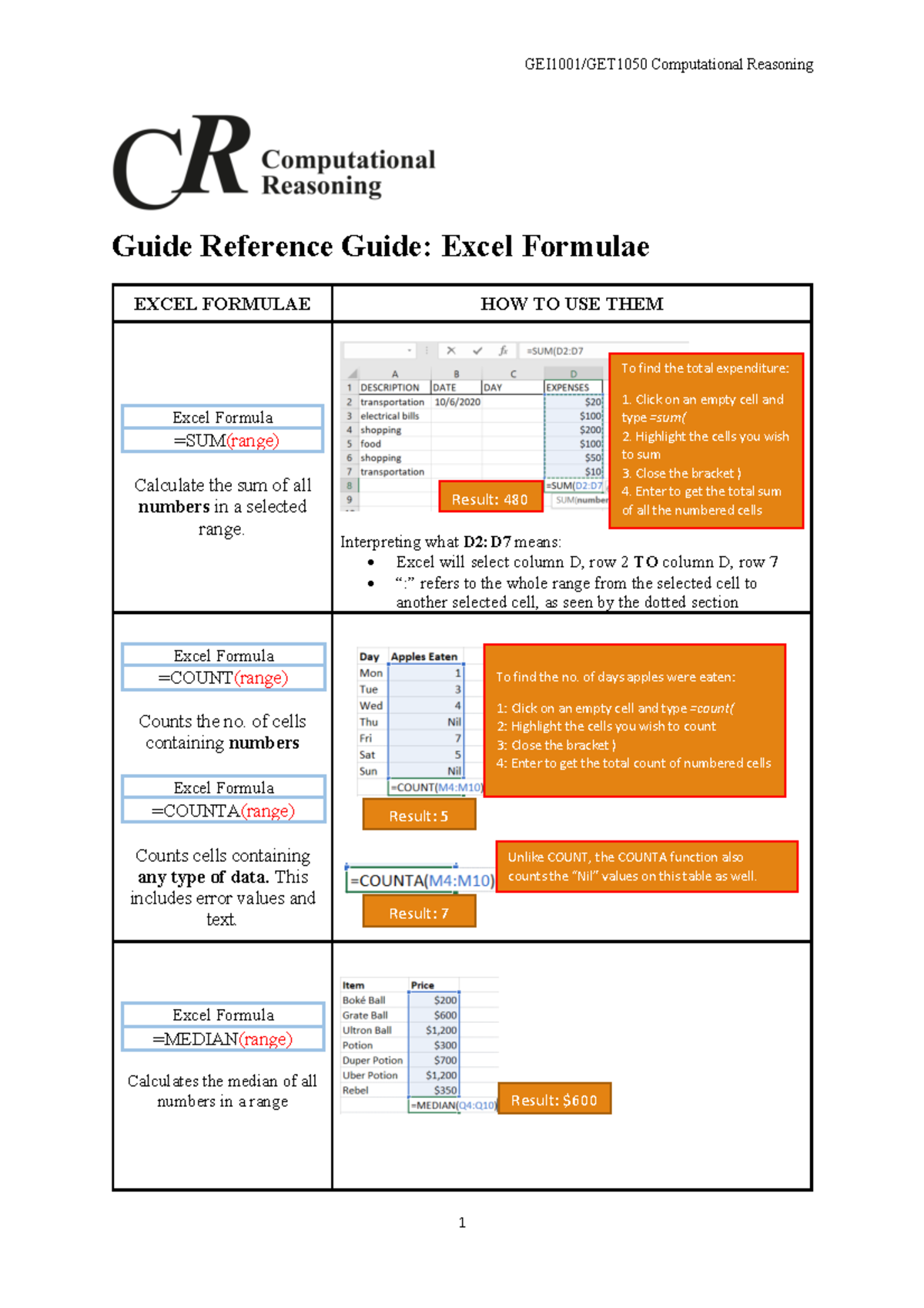 Quick Reference - Excel Formulae - Guide Reference Guide: Excel ...
