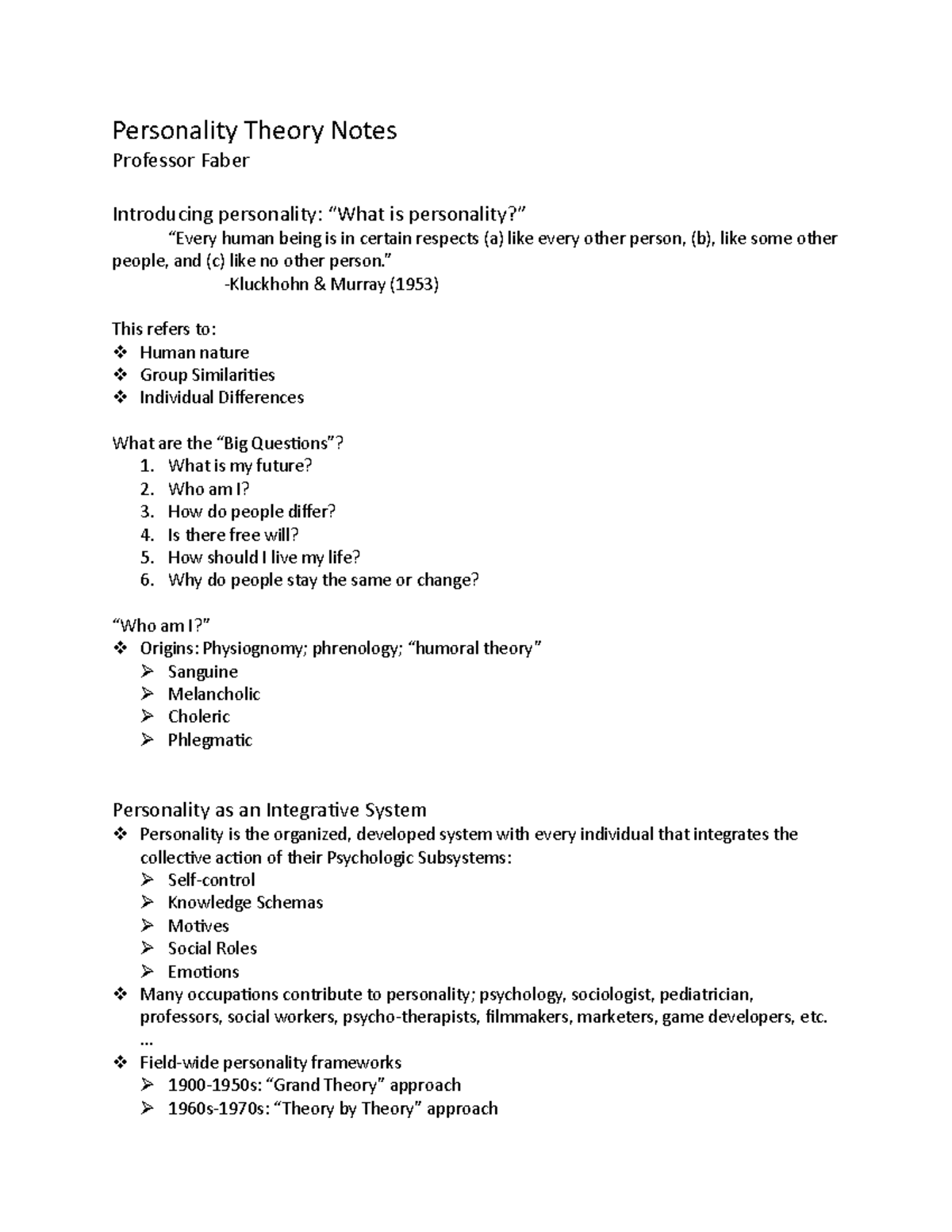 Notes - Personality Theory Notes Professor Faber Introducing ...
