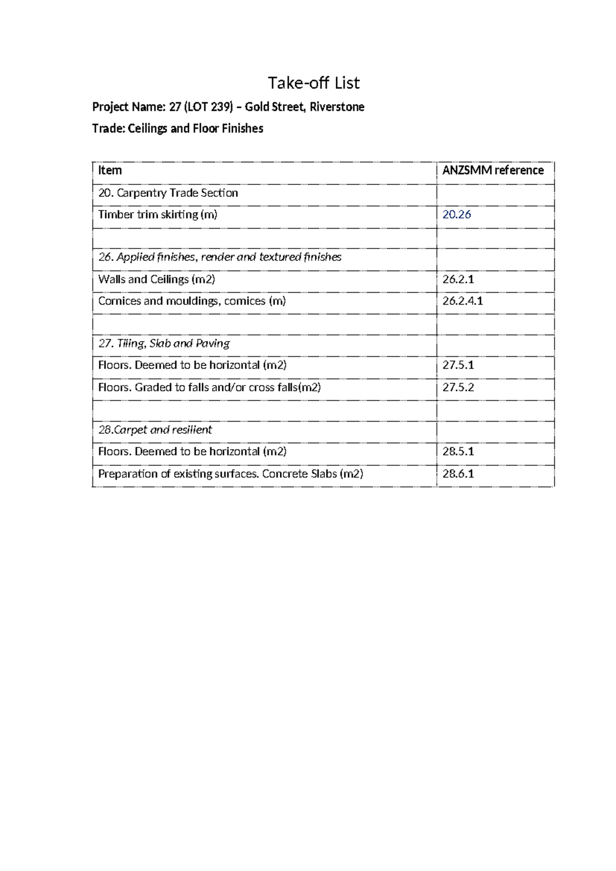 Take off list template with an example(2) - Take-off List Project Name ...