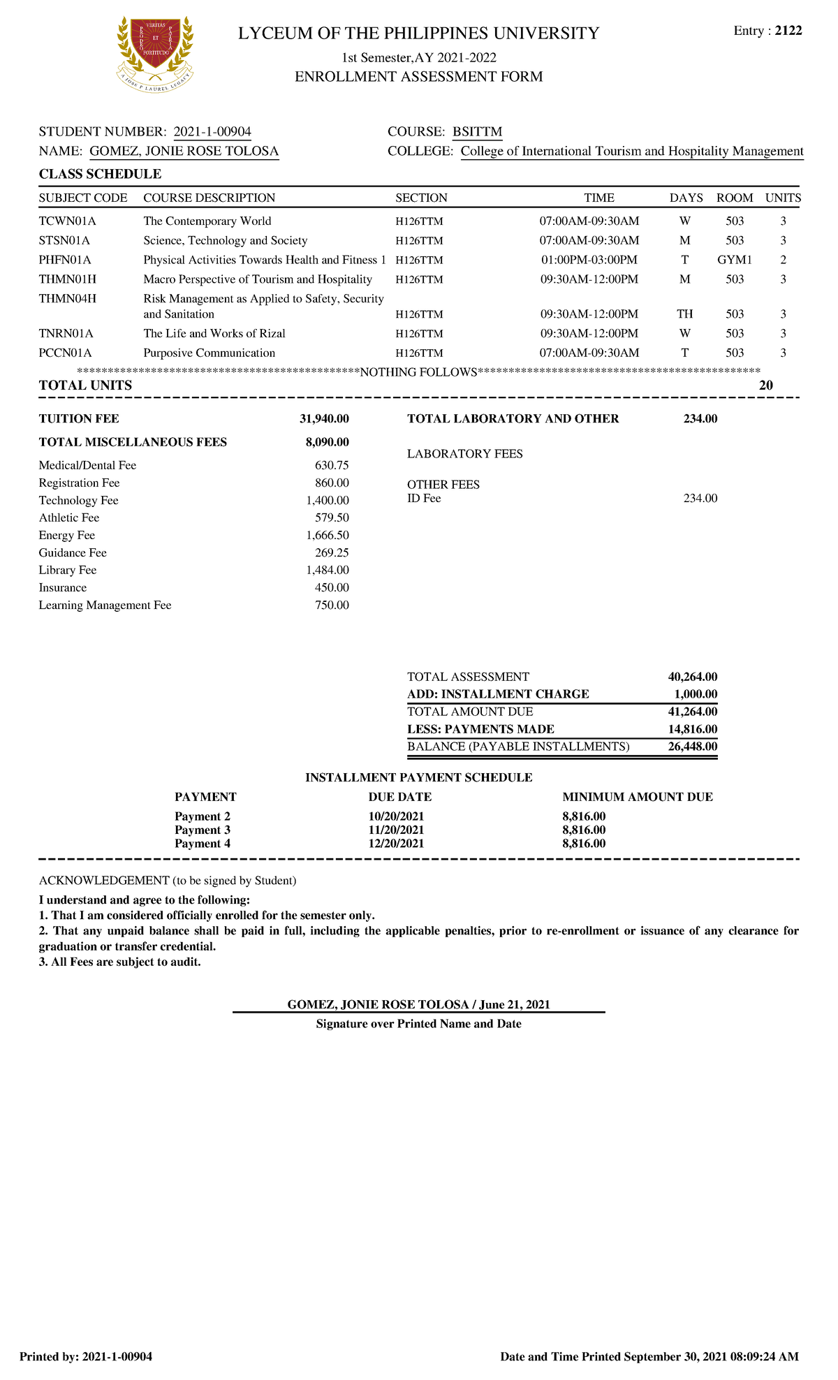 Enrollment assessmentform - LYCEUM OF THE PHILIPPINES UNIVERSITY 1st ...