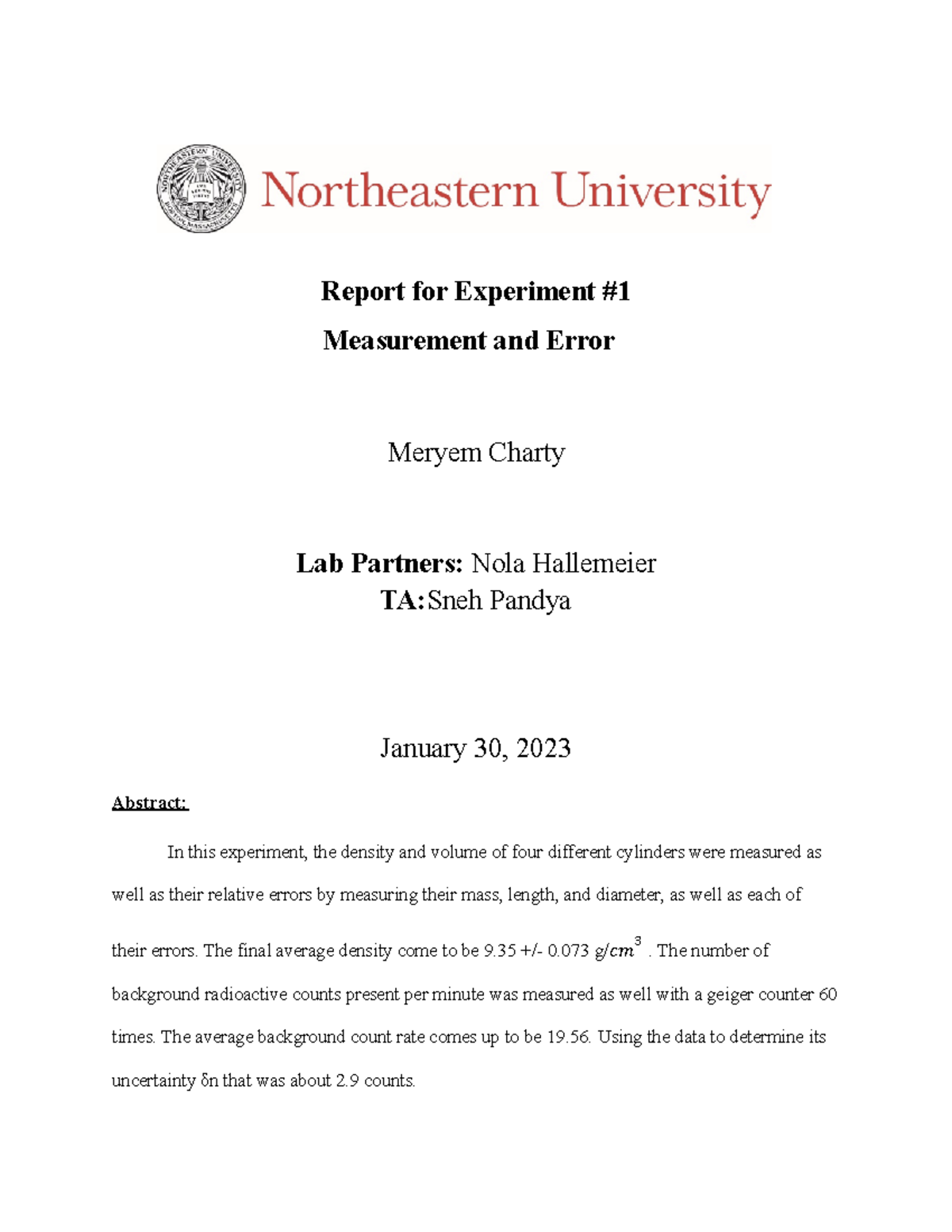 Lab report #1 - Report for Experiment # Measurement and Error Meryem ...