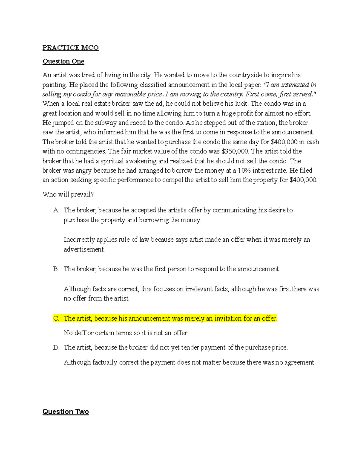 Practice Multiple Choice Questions - PRACTICE MCQ Question One An ...