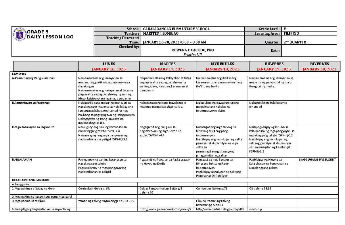 DLL Filipino 5 Q2 W9 - LOVE - GRADE 5 DAILY LESSON LOG School ...