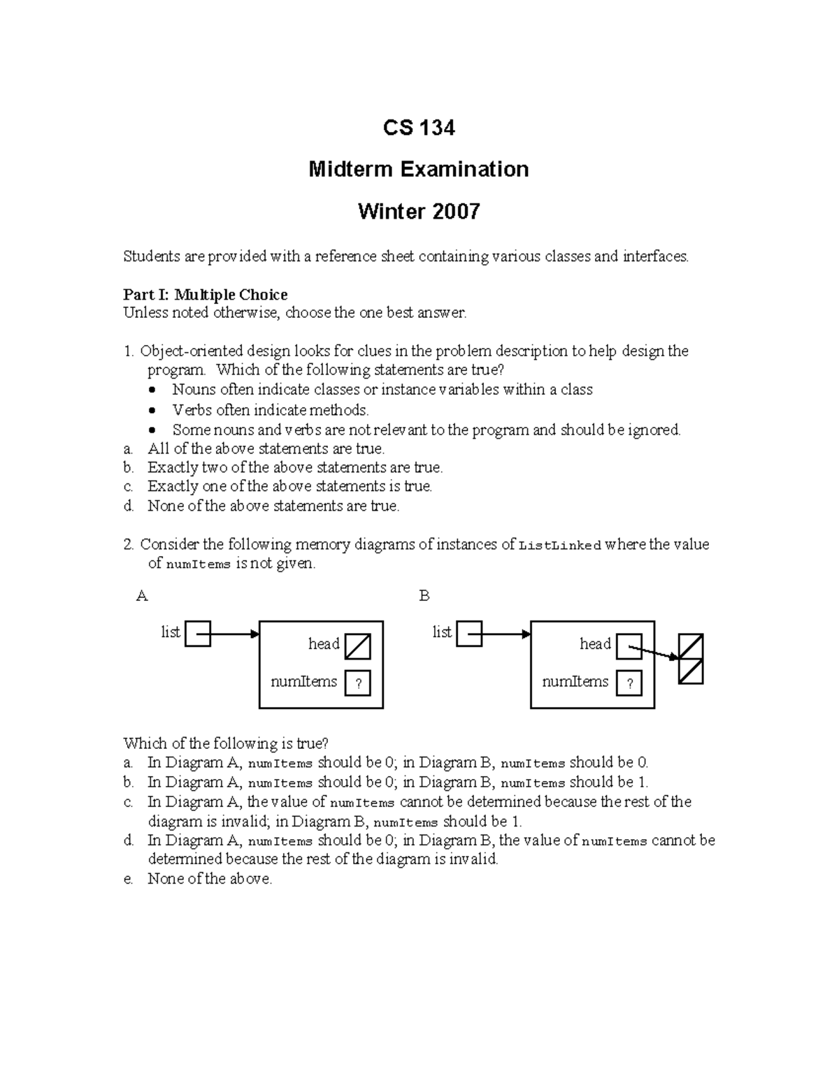 Exam 3 December 2005, questions - CS 134 Midterm Examination Winter ...