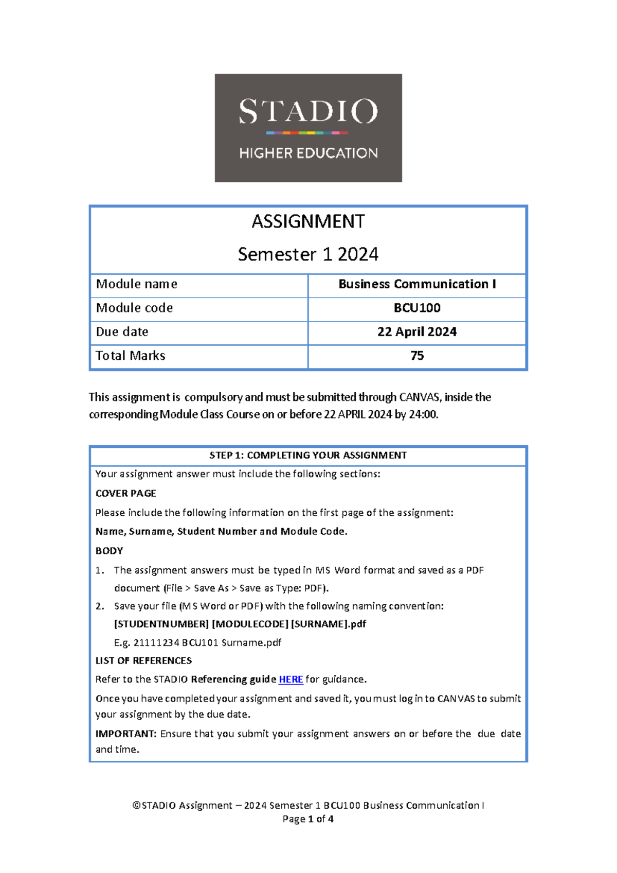 BCU100 2024 01 ASMT - ©STADIO Assignment – 2024 Semester 1 BCU100 ...