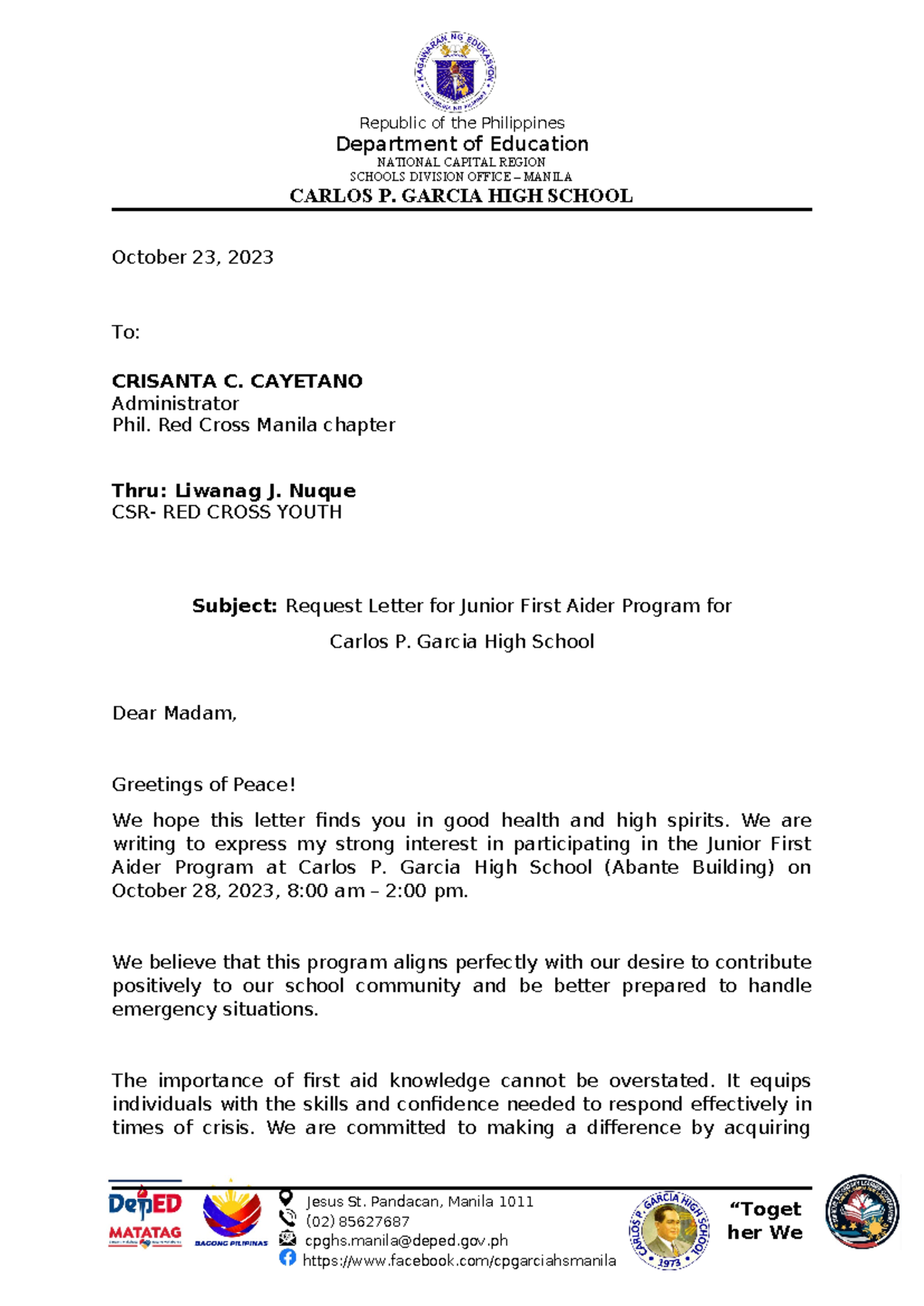JPAF - Requestletter OCT21 - “Toget her We Republic of the Philippines ...
