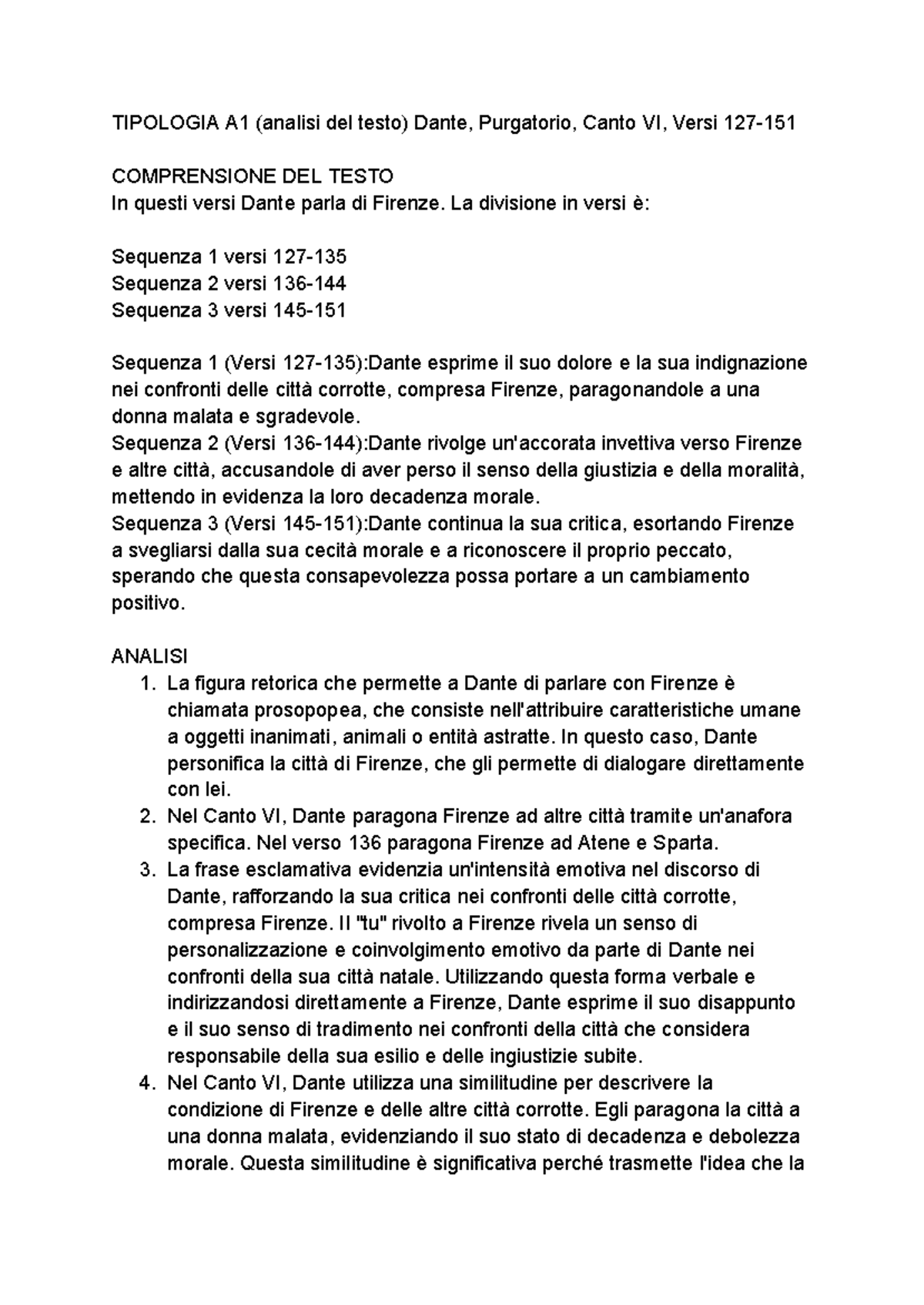 Tema italiano - TIPOLOGIA A1 (analisi del testo) Dante, Purgatorio ...