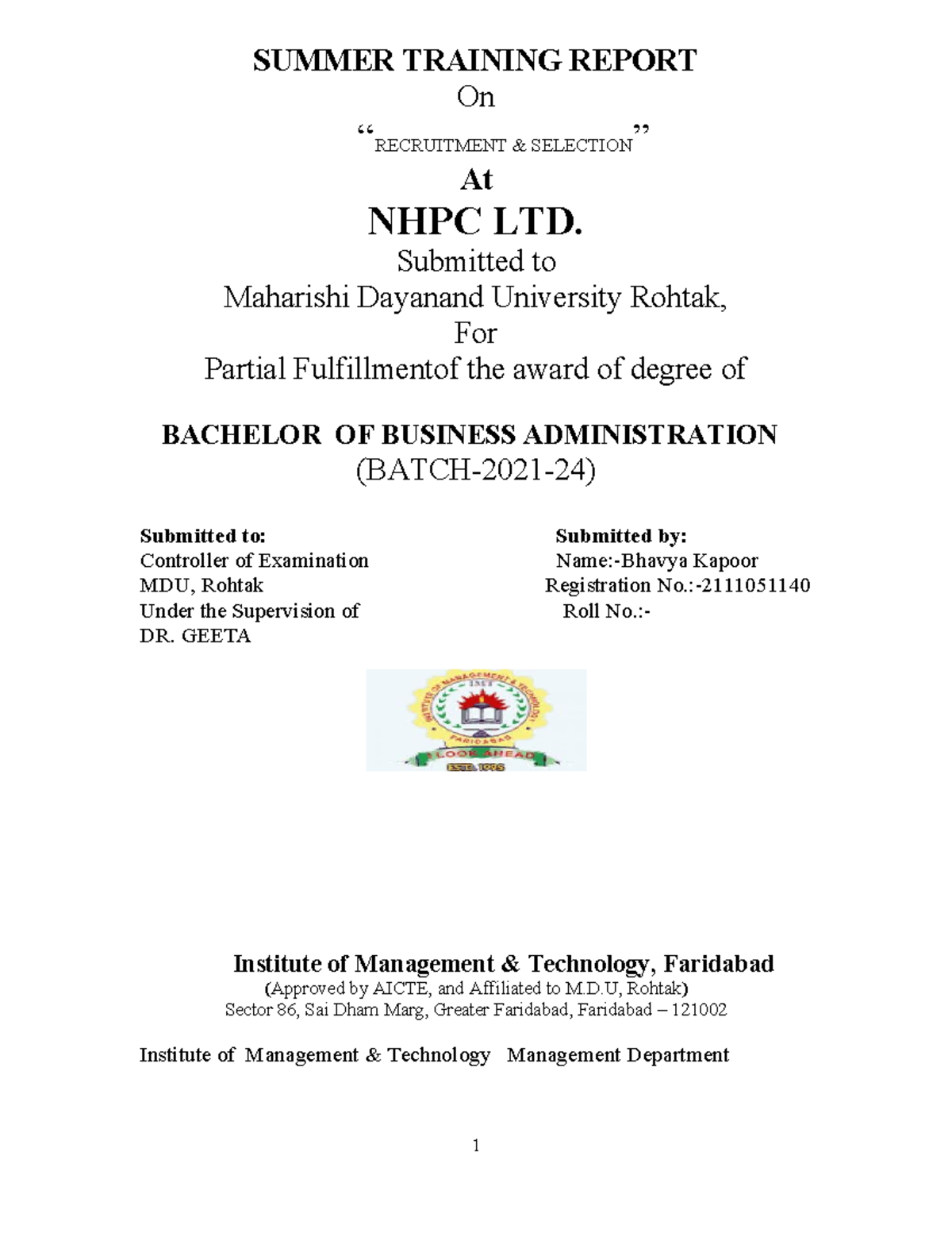 Recruitment & Selection AT NHPC - SUMMER TRAINING REPORT On ...