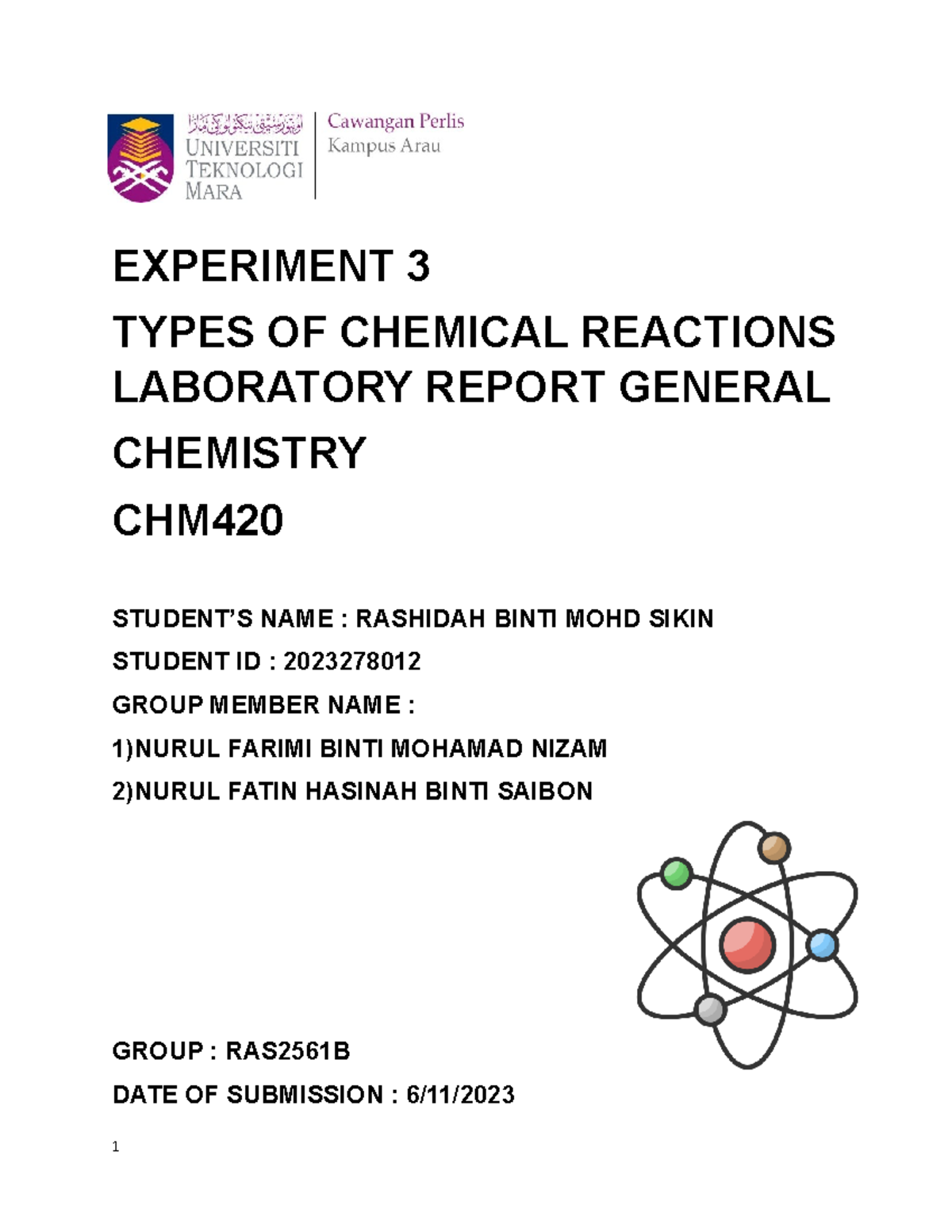 Lab report 3 - types of chemical reaction - EXPERIMENT 3 TYPES OF ...