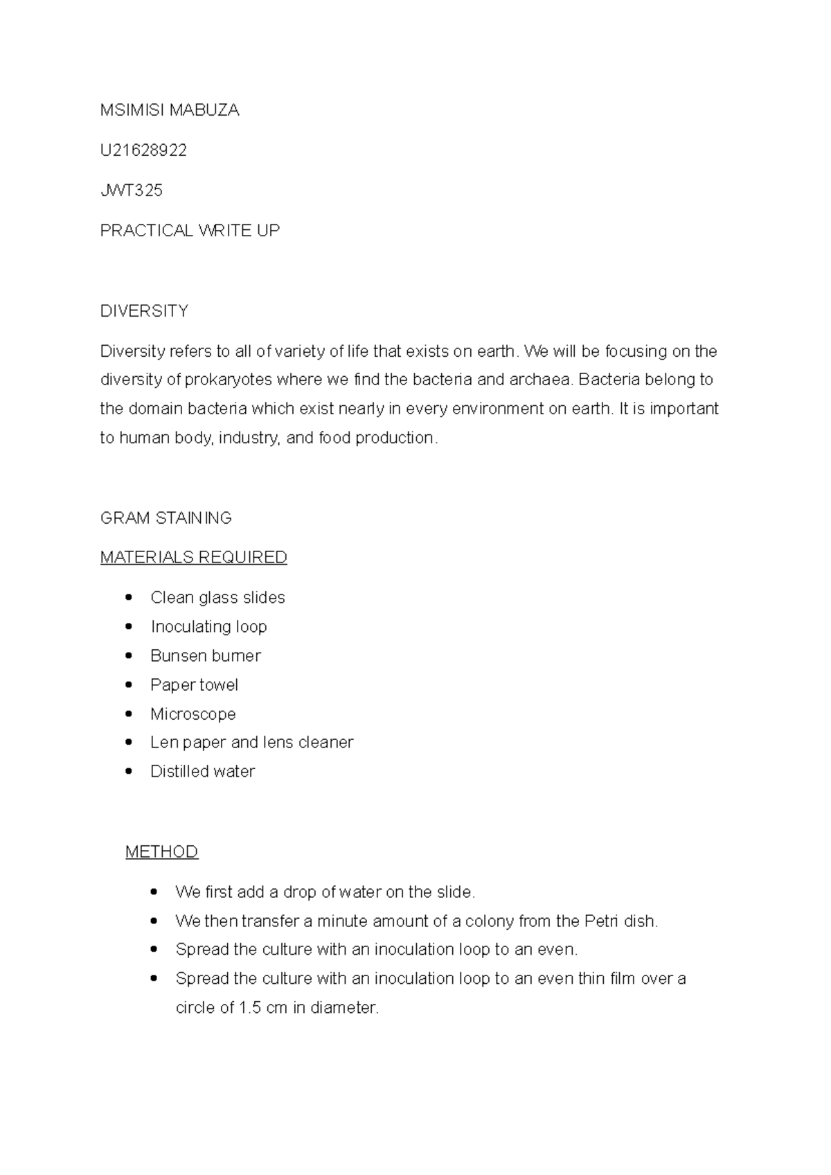GRAM Staining Write UP - assessment - MSIMISI MABUZA U JWT PRACTICAL ...