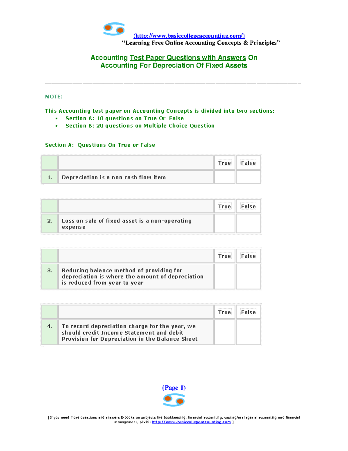 Accounting Test Paper Questions with Ans - “Learning Free Online ...