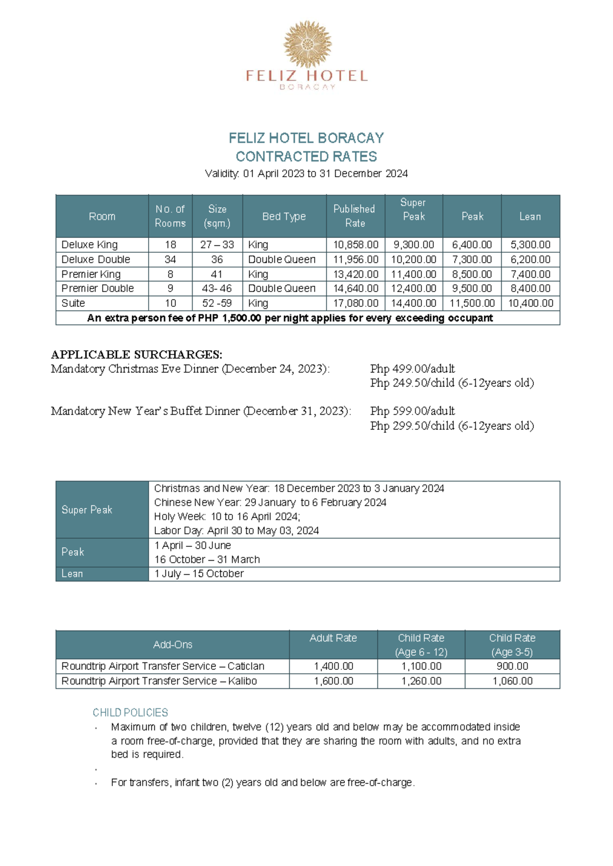 Feliz Hotel Ratesheet AY2023-2024 - FELIZ HOTEL BORACAY CONTRACTED ...