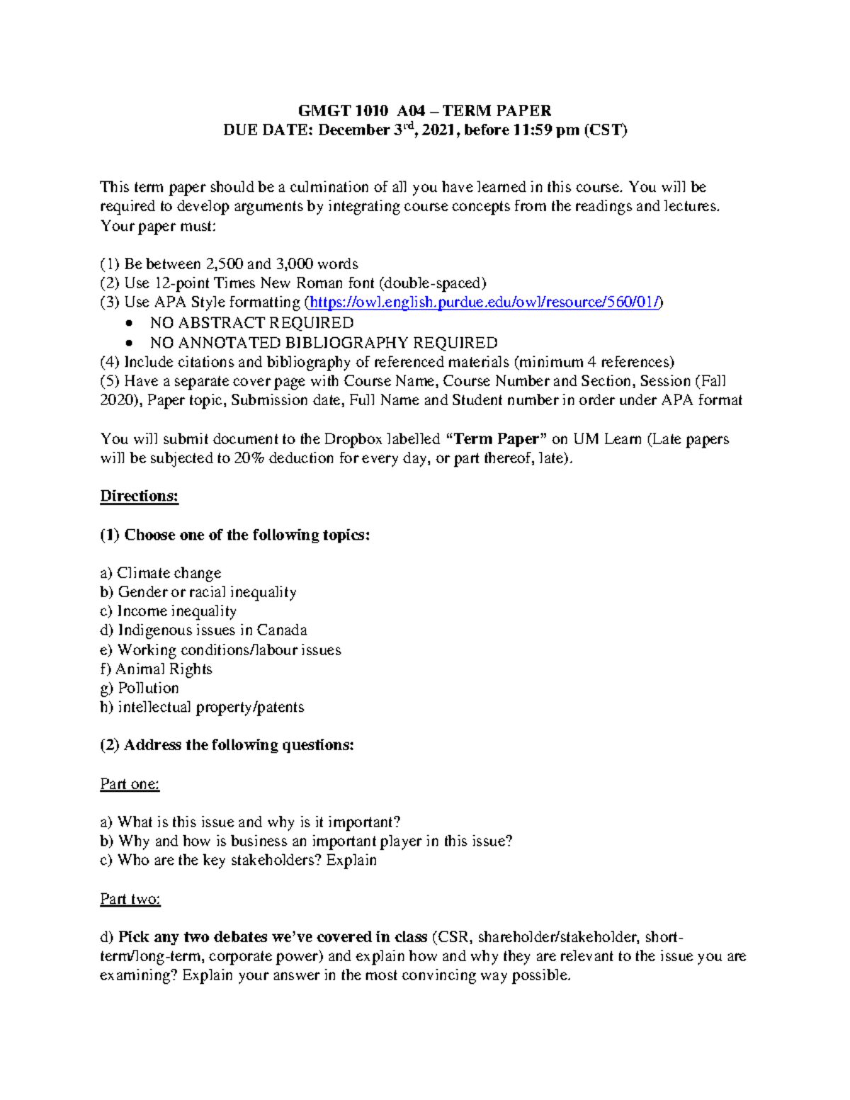 GMGT 1010 - Individual term paper Guideline Fall 2021 - GMGT 1010 A04 ...