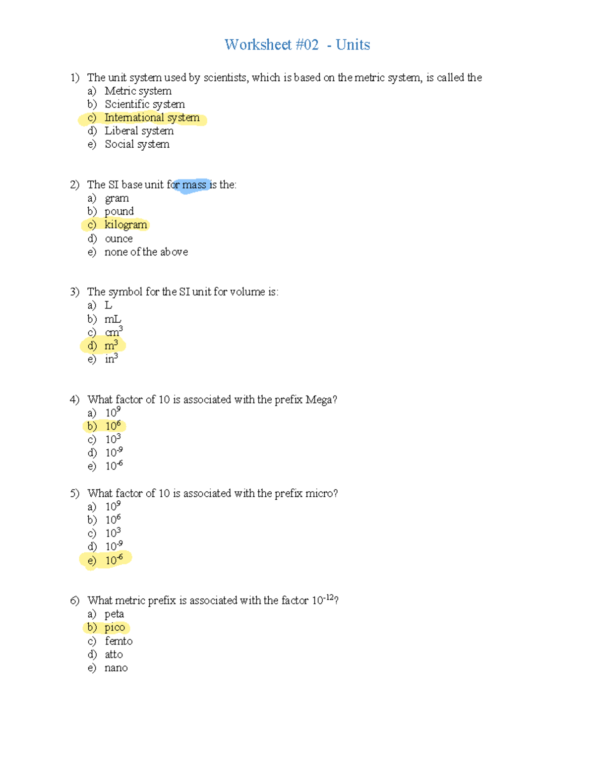 CHE 109-+Worksheet+%2302+-+Units - Worksheet #02 - Units The unit ...